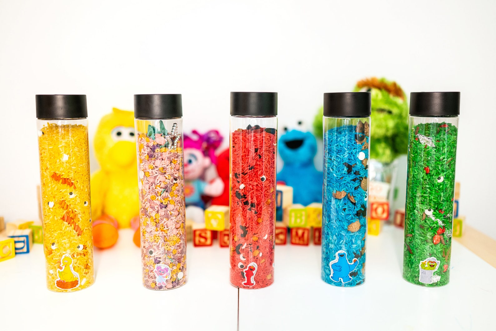 Sensory Bottle Shakers Sesame Street Full Character Set of 5 I Spy ...