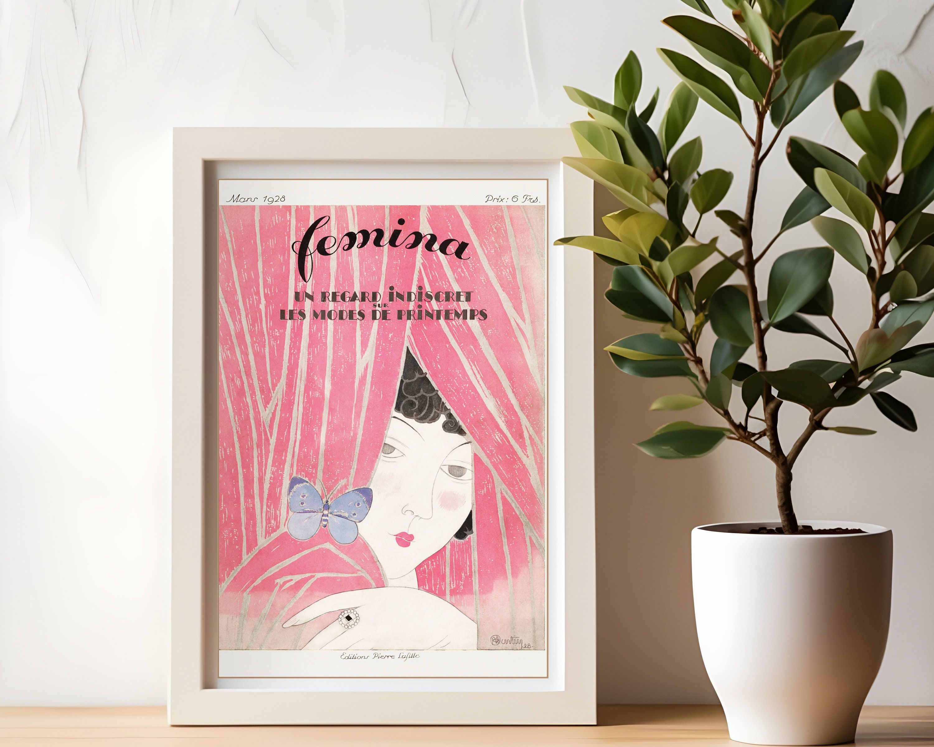 Vintage Art Deco Magazine Cover Art Print, Retro Pink Illustration Wall ...