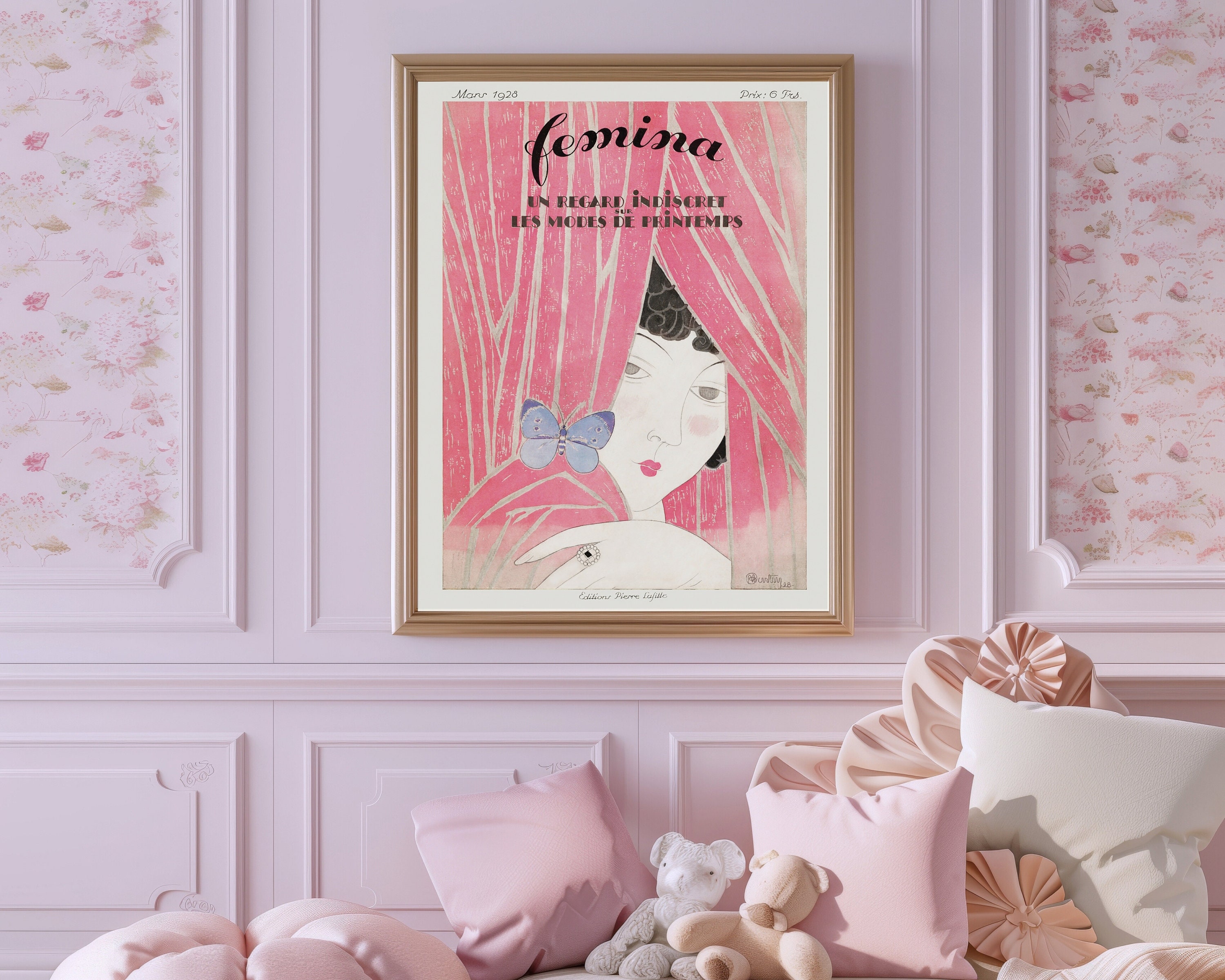 Vintage Art Deco Magazine Cover Art Print, Retro Pink Illustration Wall ...