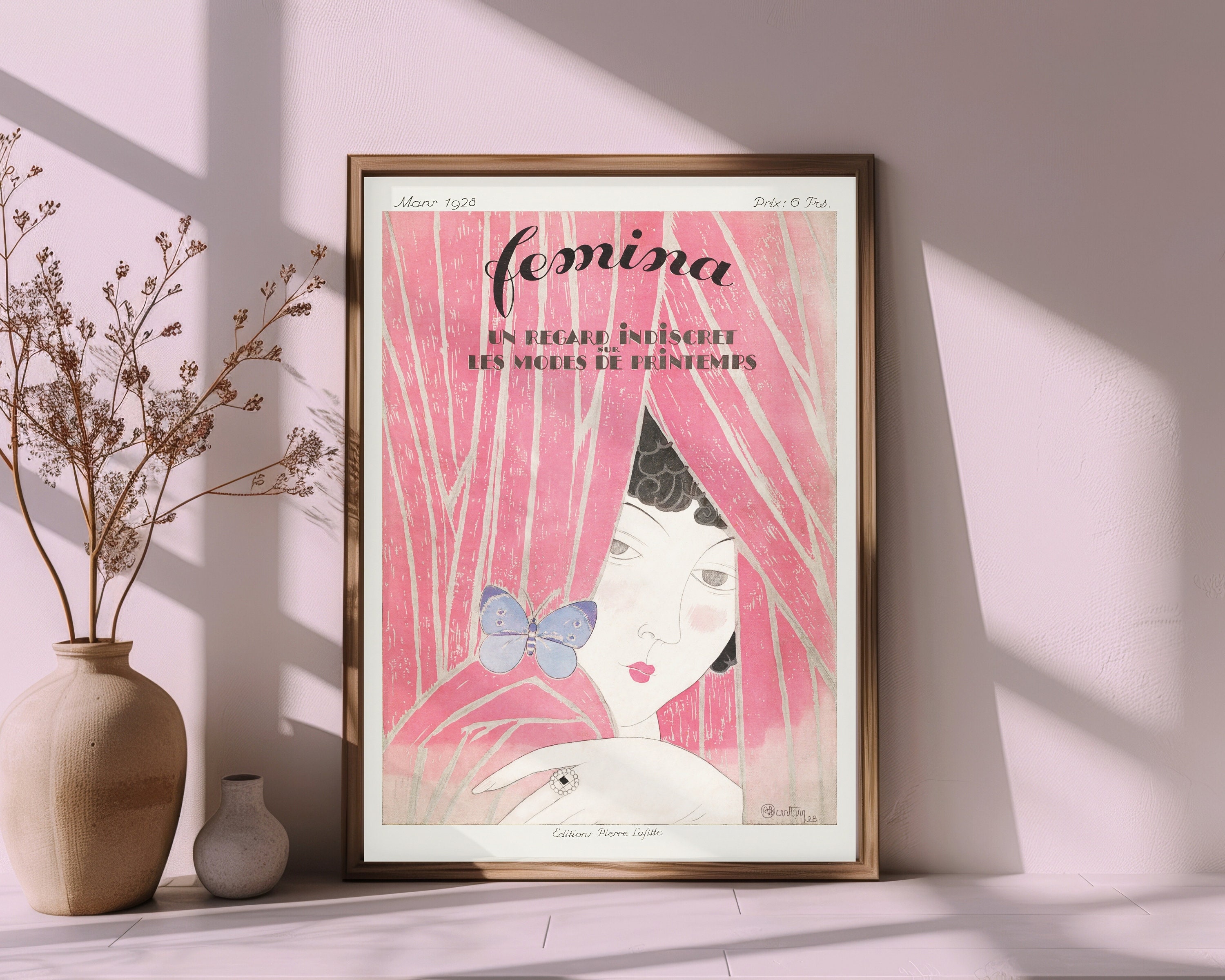 Vintage Art Deco Magazine Cover Art Print, Retro Pink Illustration Wall ...