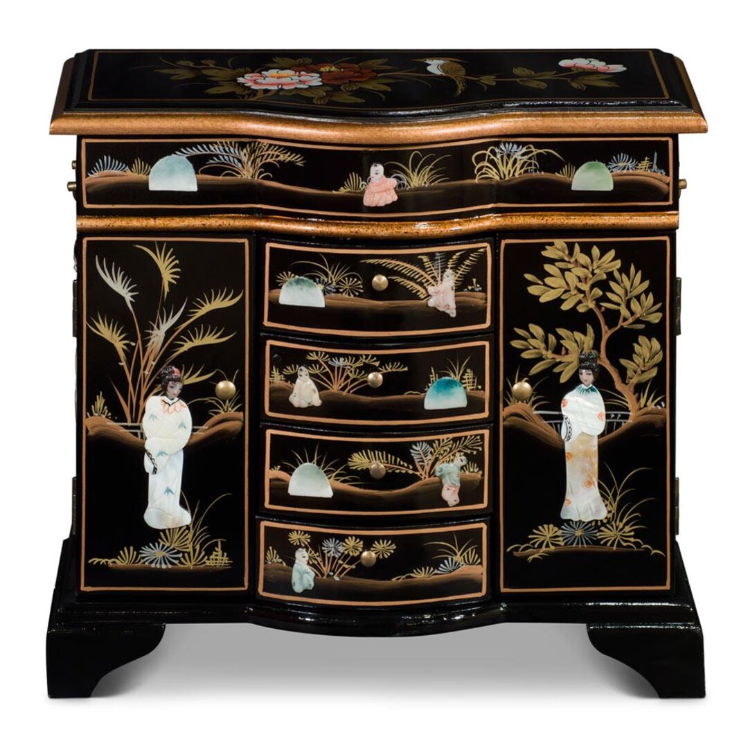 Glossy Black Lacquer Shan-shan Jewelry Chest With Hand-painted Mother ...