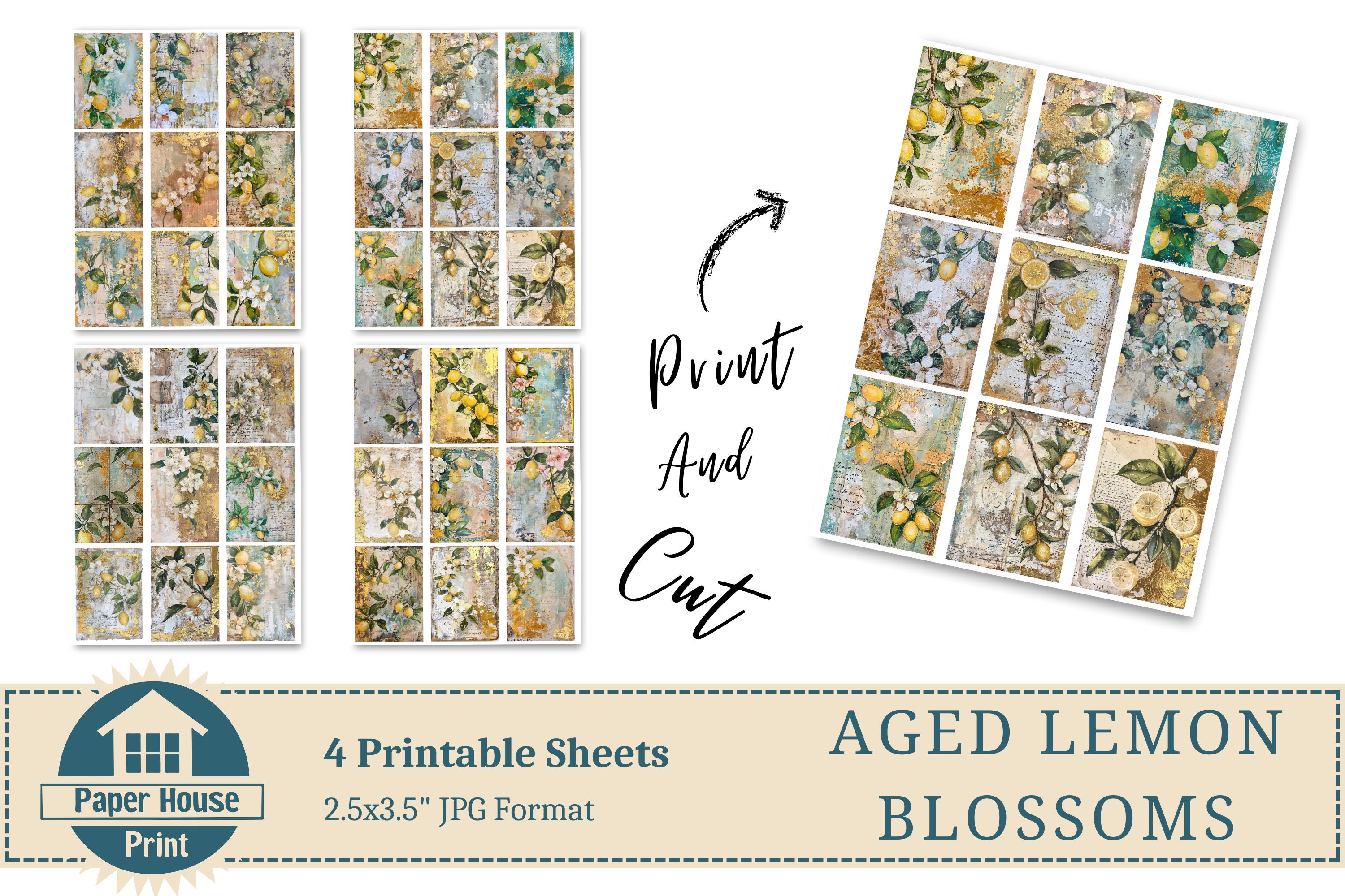 Aged Lemon Blossoms Printable Paper, Fresh Lemons Vintage Junk Journal ...