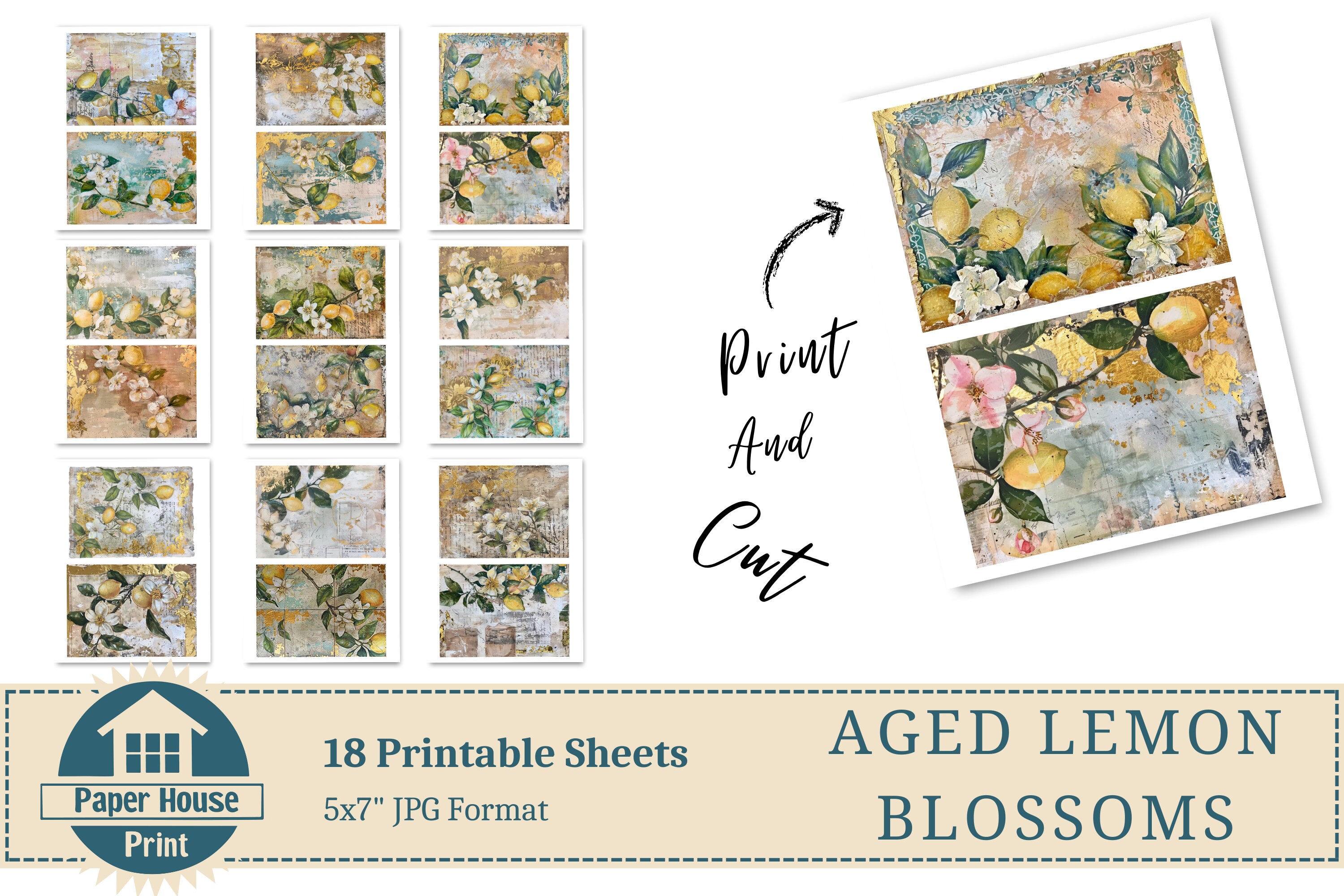 Aged Lemon Blossoms Printable Paper, Fresh Lemons Vintage Junk Journal ...