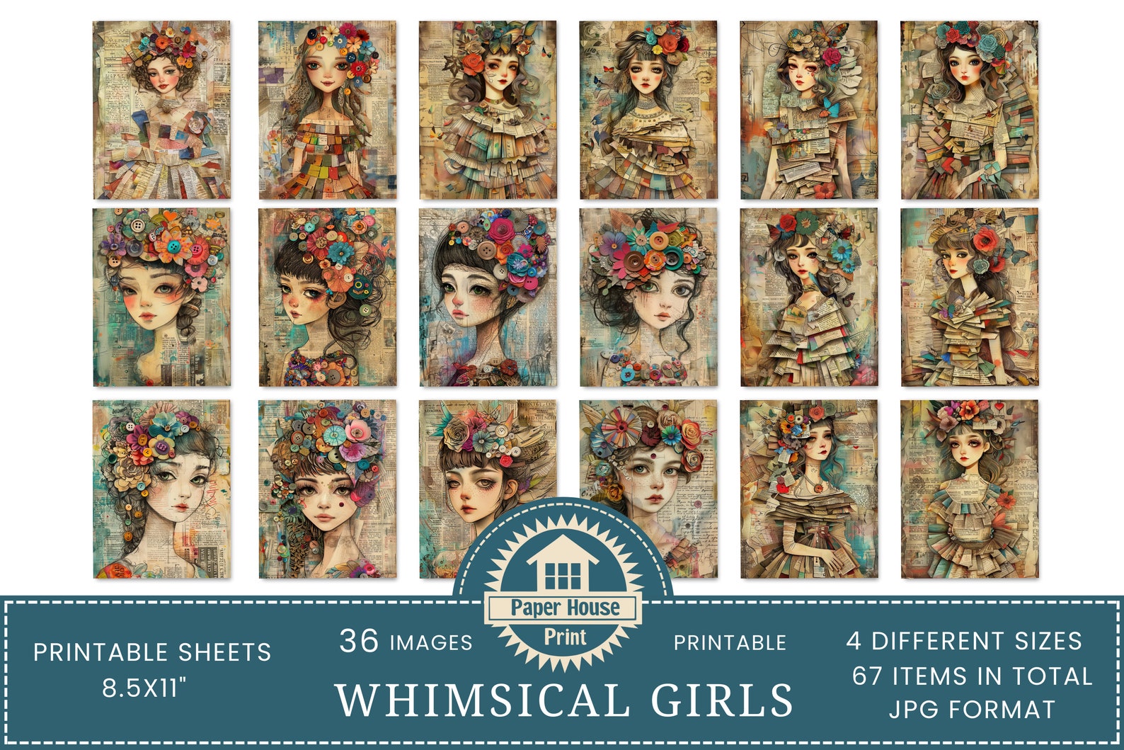 Whimsical Girls, Mixed Media Pages, Whimsical Ephemera, Whimsical Junk ...