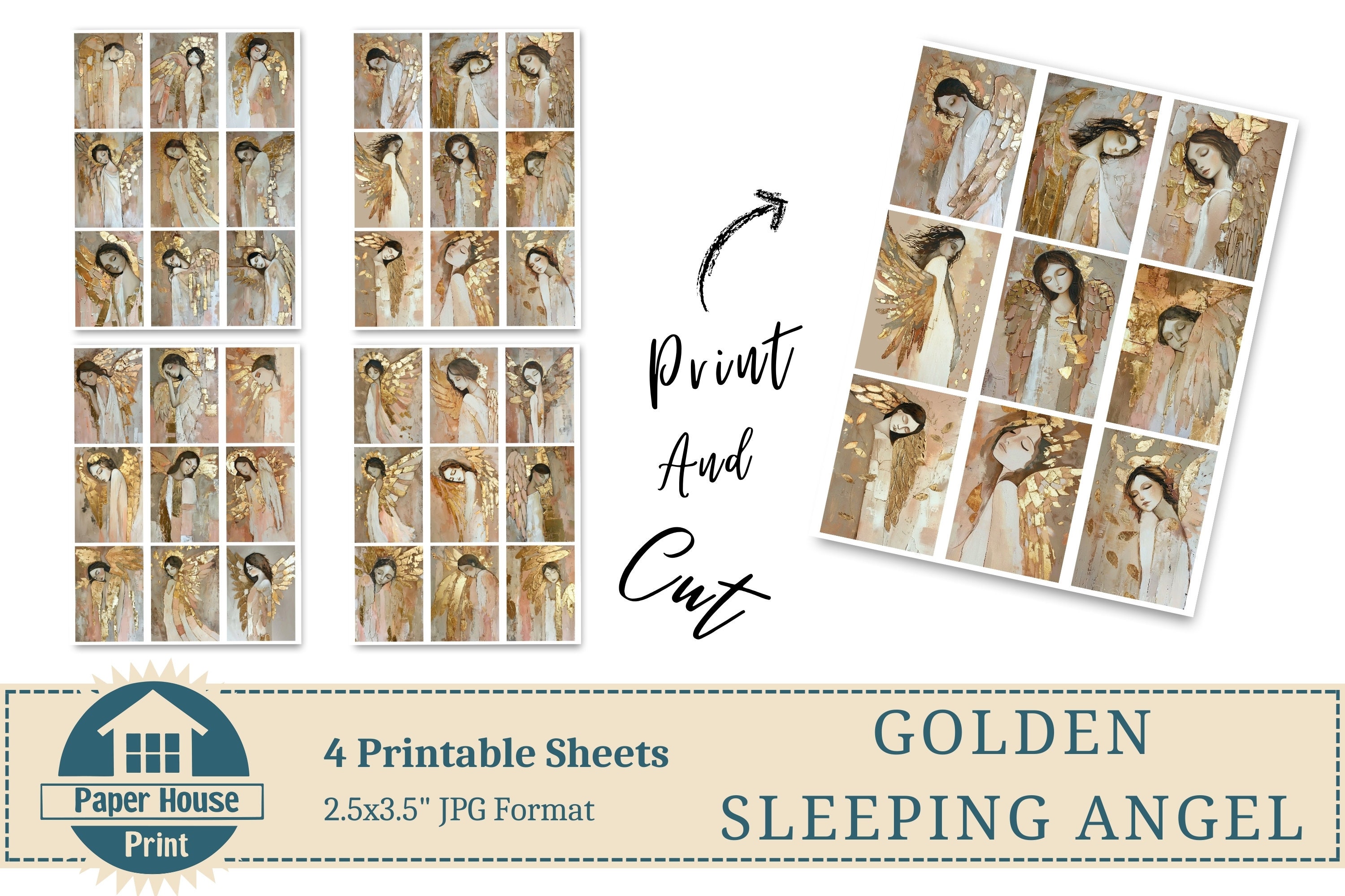 Whimsical Angels Printable Paper, Golden Sleeping Angels Papers, 36 ...