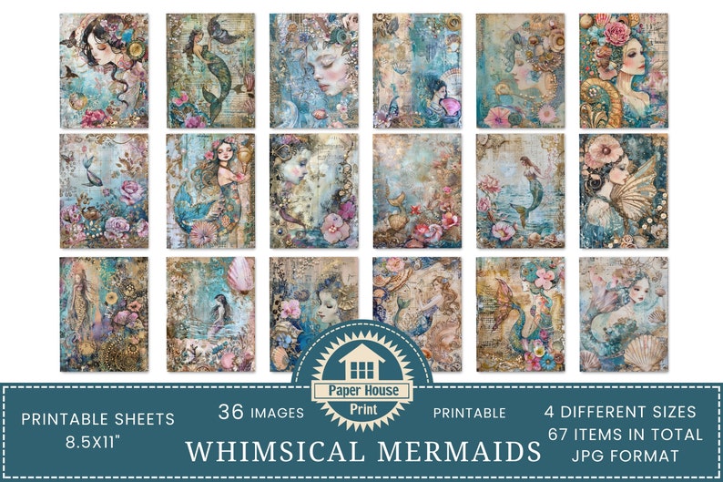 Mermaid Junk Journal Kit Ocean Digital Paper for Scrapbooking Whimsical ...