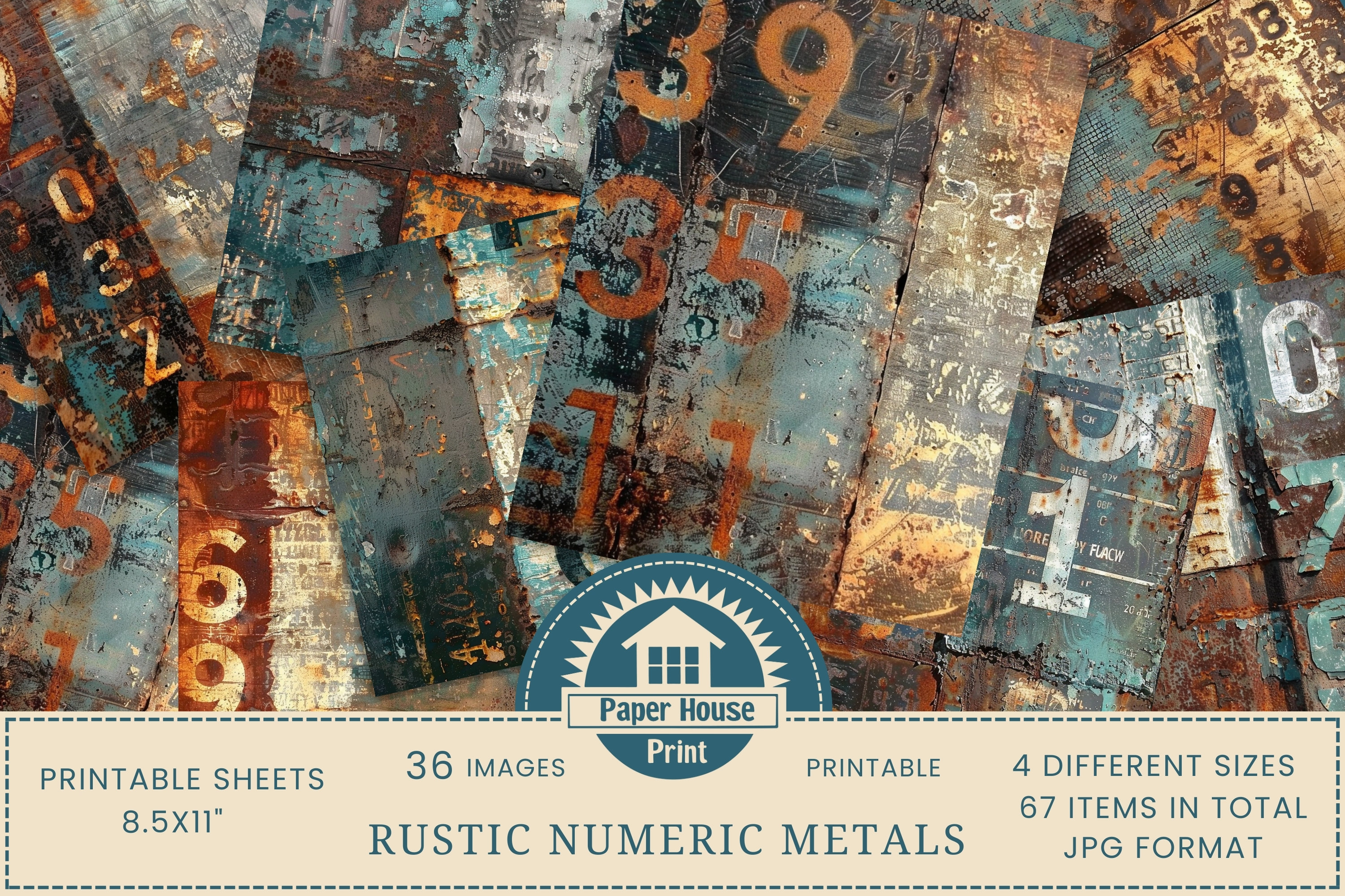 Rustic Numeric Metals Printable Paper, 36 Designs, Metal Texture ...