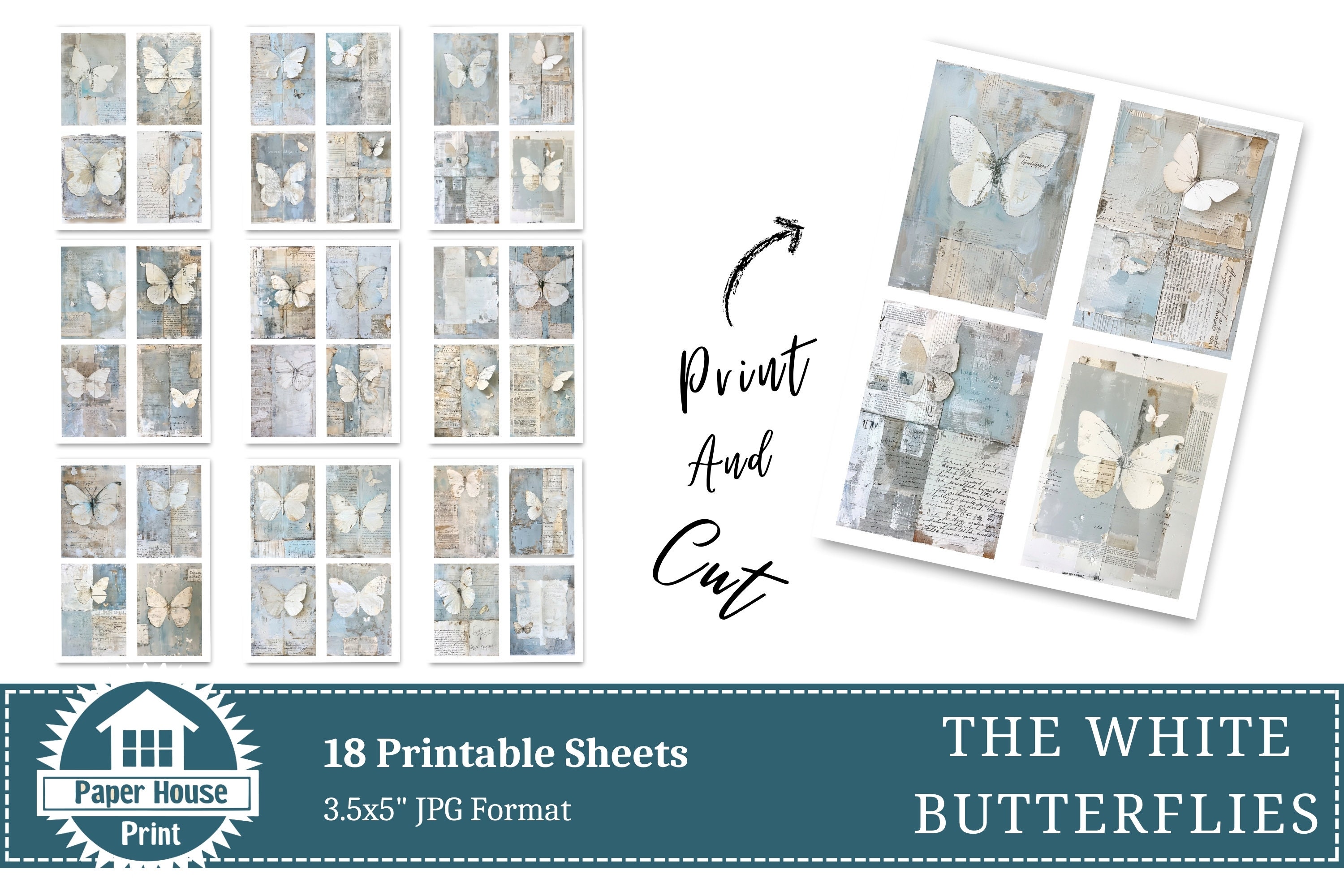 White Butterflies Junk Journal Paper Pack, White and Baby Blue ...