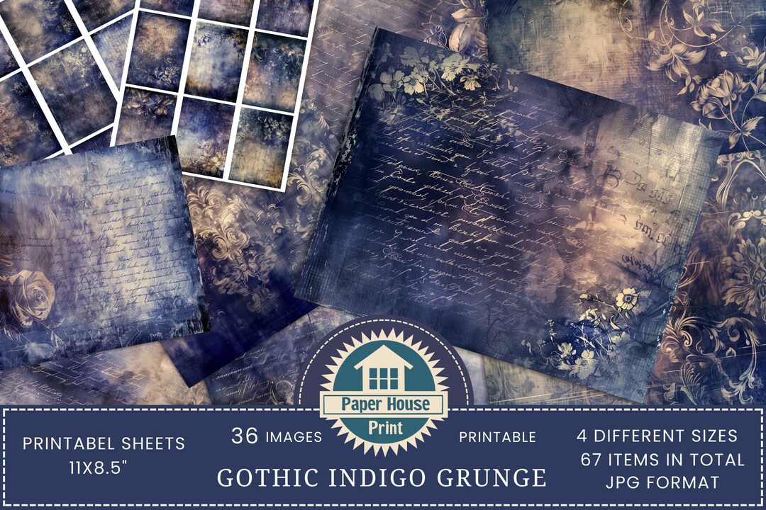 Indigo Scripts & Gothic Junk Journal Papers, Digital Paper, Digital ...