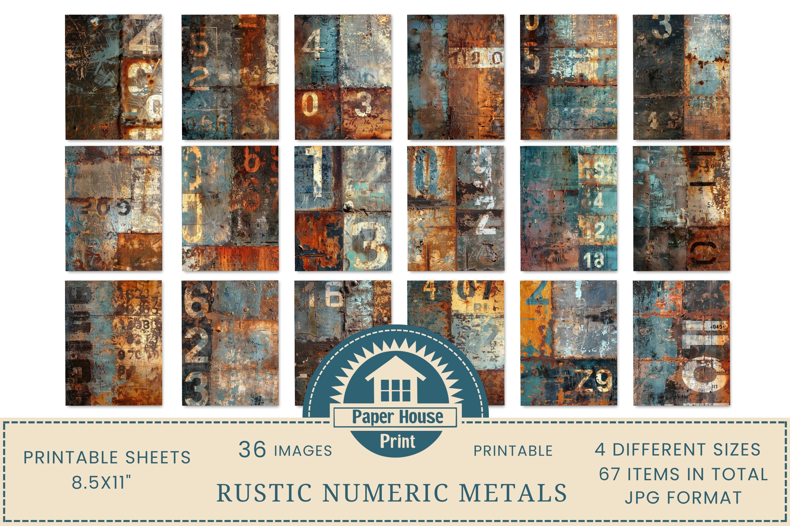 Rustic Numeric Metals Printable Paper, 36 Designs, Metal Texture ...