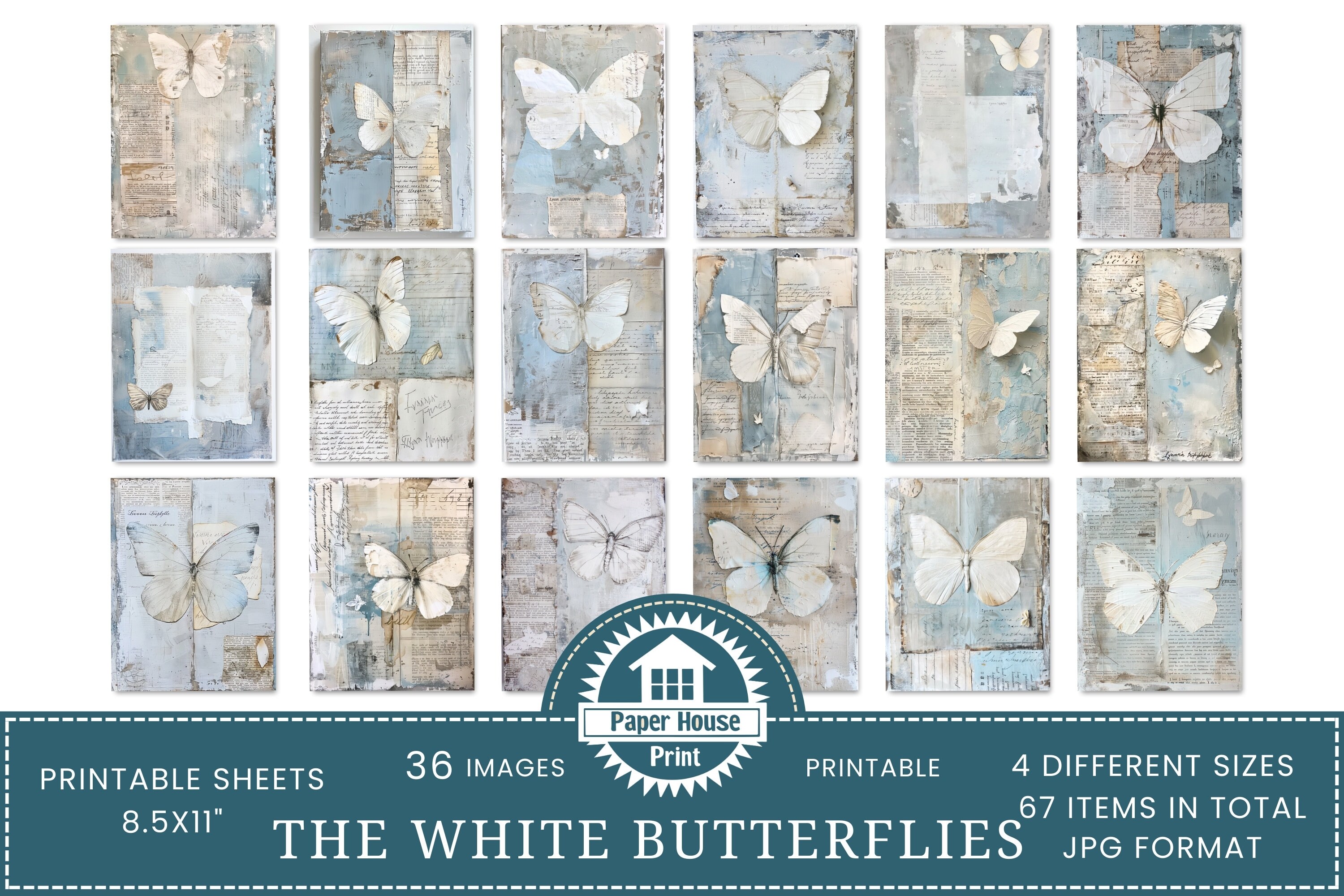 White Butterflies Junk Journal Paper Pack, White and Baby Blue ...