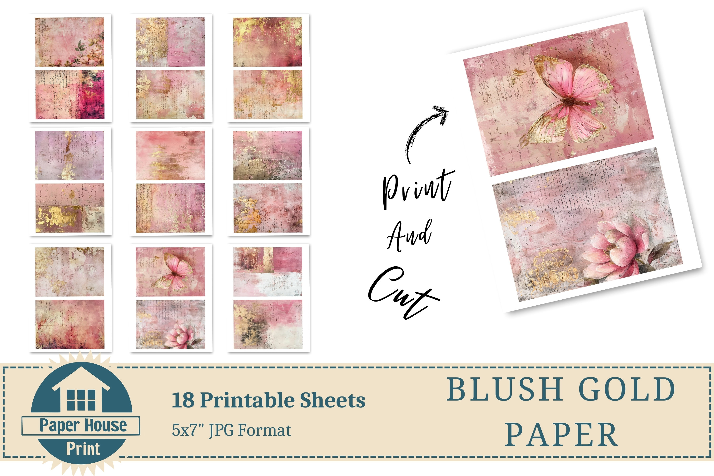 Blush Gold Digital Paper, Pink Gold Background Paper, 36 Digital Arts ...