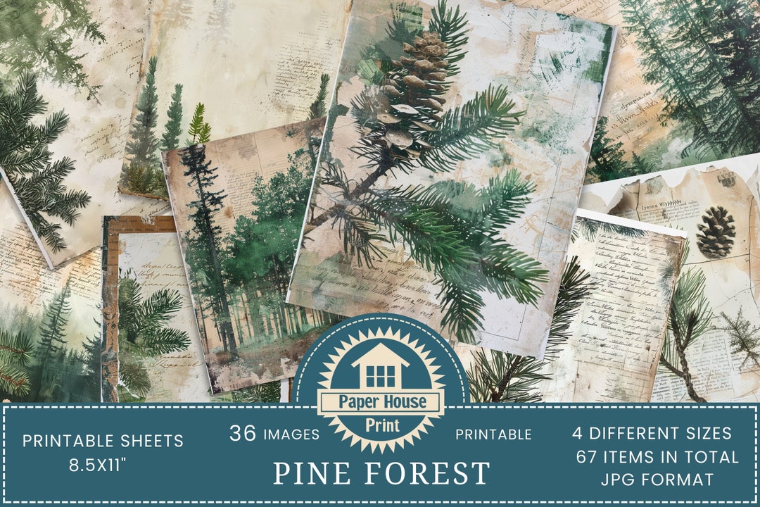 Pine Forest on Scrap Ephemera Printable Junk Journal Papers, Mountain ...