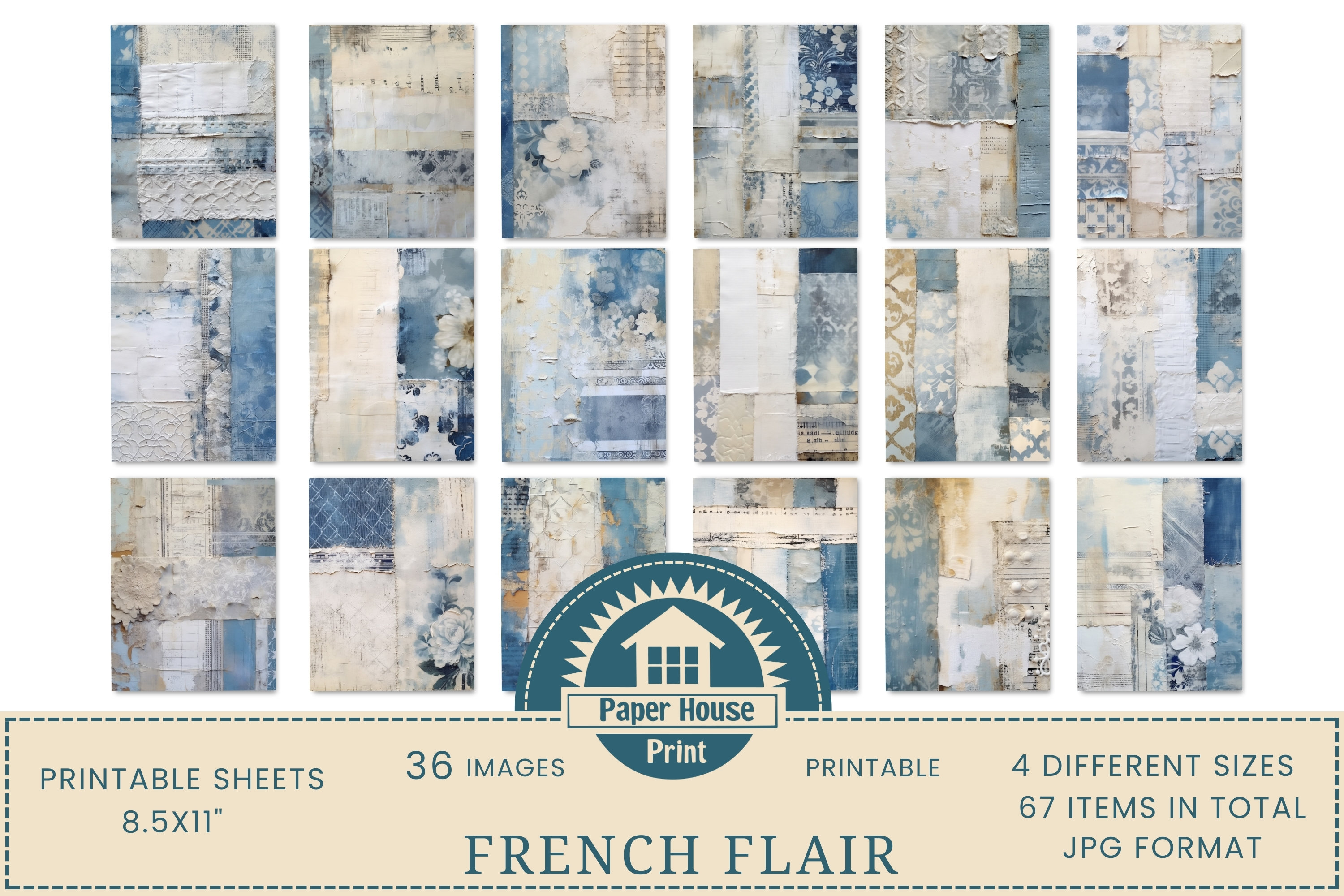 French Flair Floral Paper Print, Scrapbook Paper, Digital Paper Pack ...