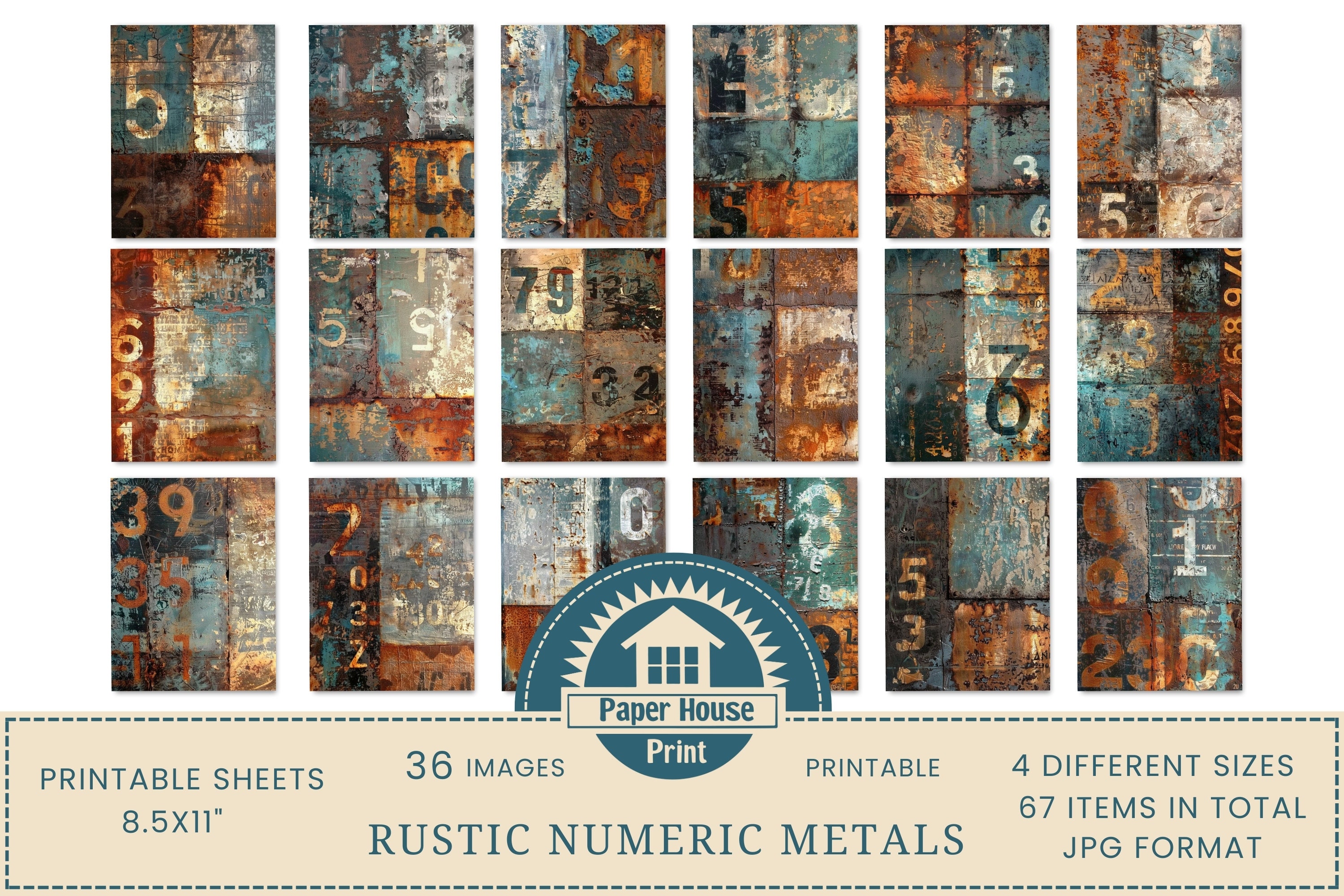 Rustic Numeric Metals Printable Paper, 36 Designs, Metal Texture ...