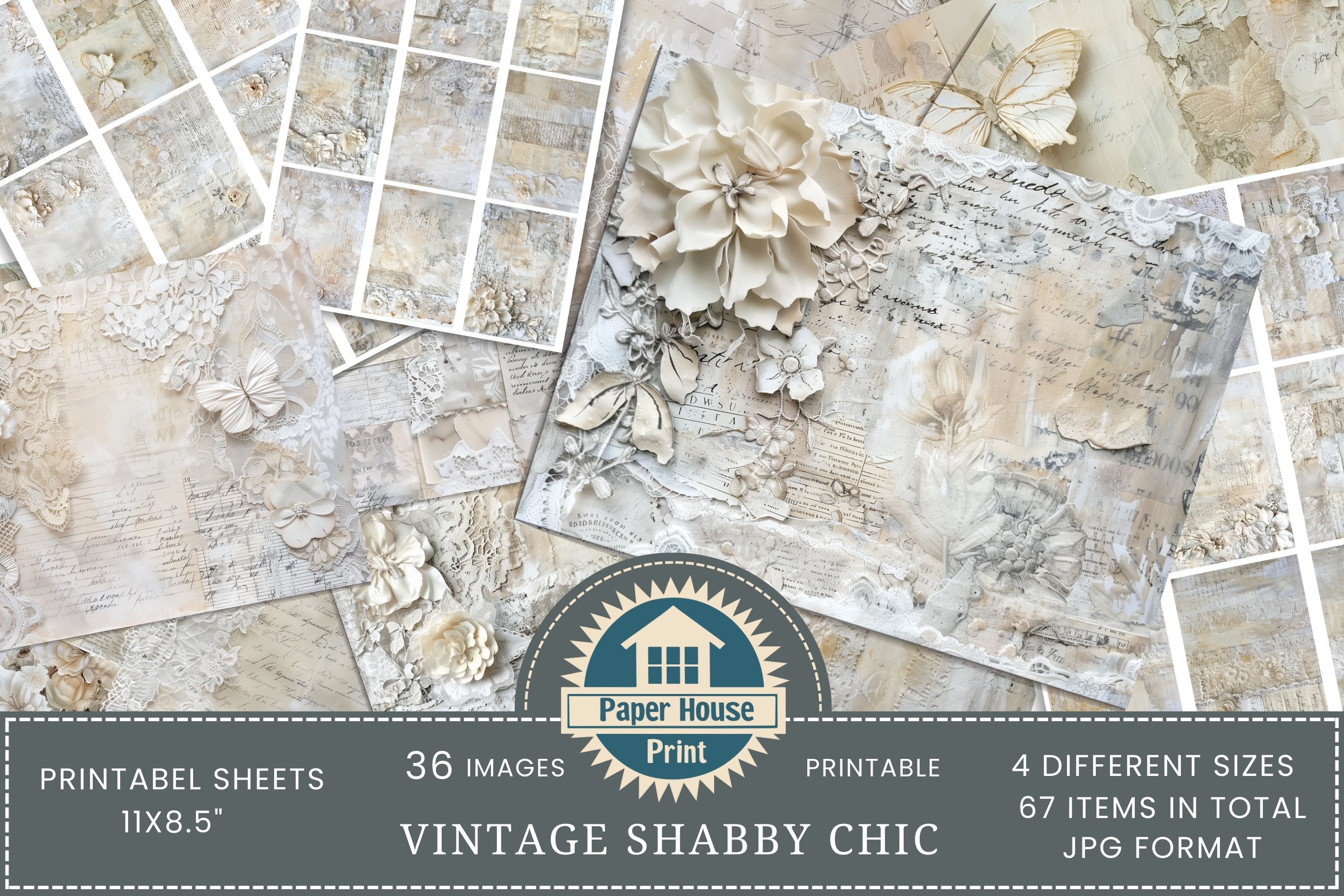 Vintage Shabby Chic Collage Printable Paper, Lace Paper, Grungy Paper ...
