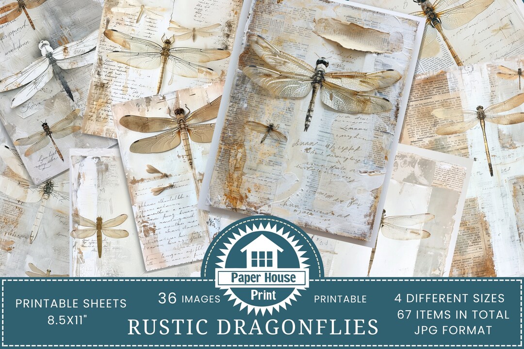 Rustic Dragonflies Junk Journal Paper, Dragonflies Mixed Media ...