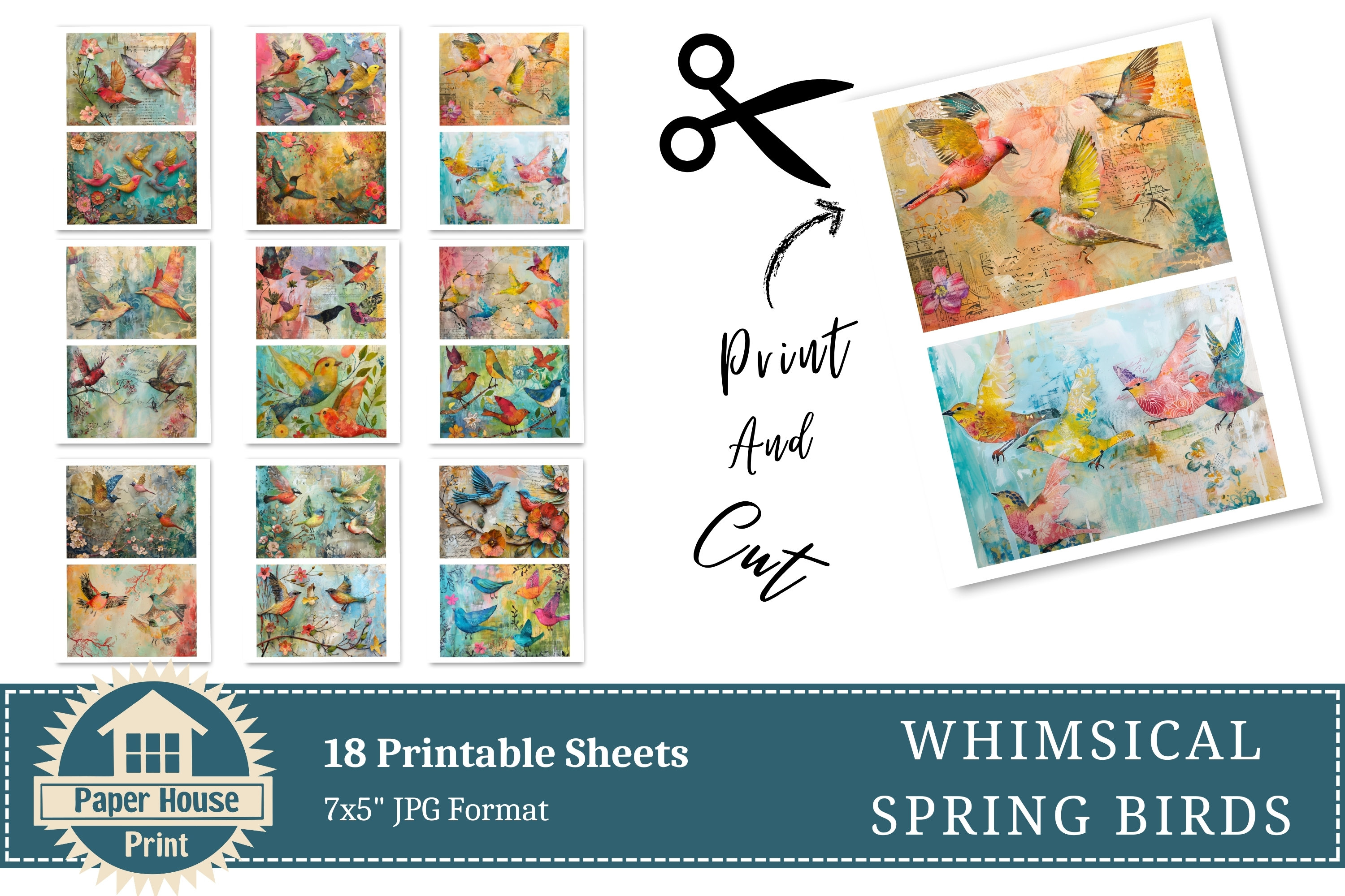 Mixed Media Spring Birds Printable Sheets, Colorful Whimsical Digital ...