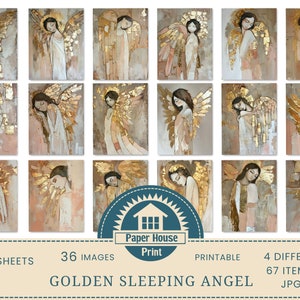 Whimsical Angels Printable Paper, Golden Sleeping Angels Papers, 36 ...