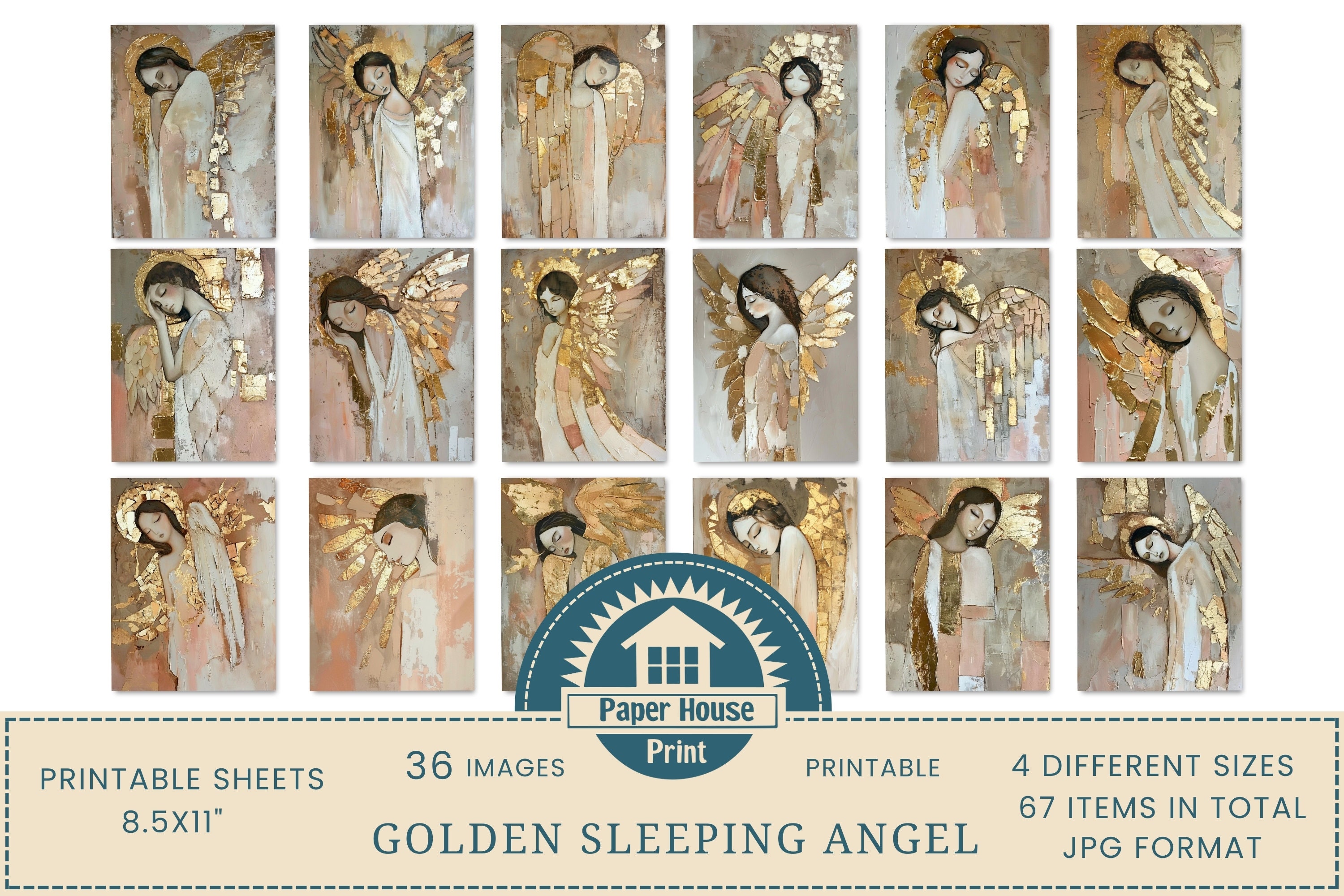 Whimsical Angels Printable Paper, Golden Sleeping Angels Papers, 36 ...