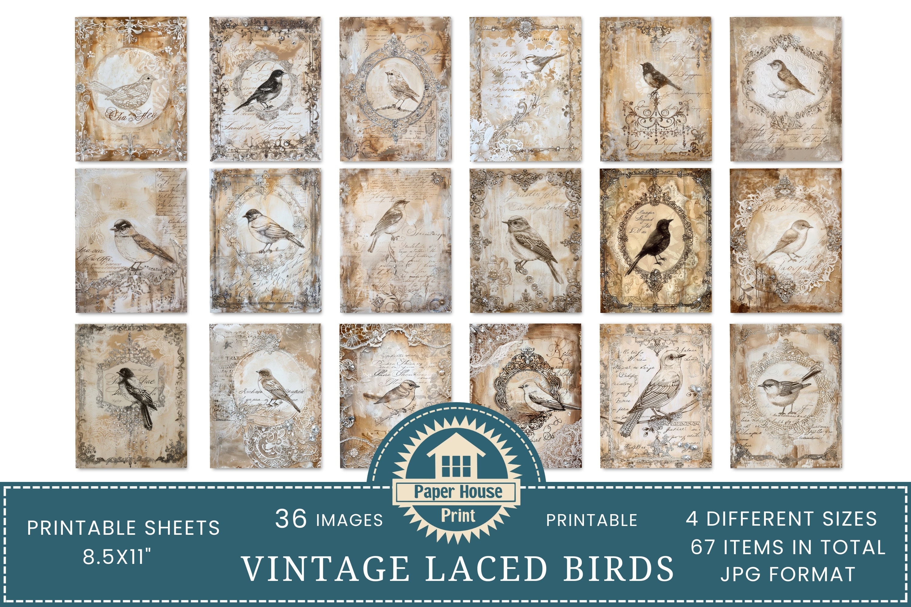 Vintage Laced Birds Junk Journal Pages, Digital Paper Pack, Journal ...