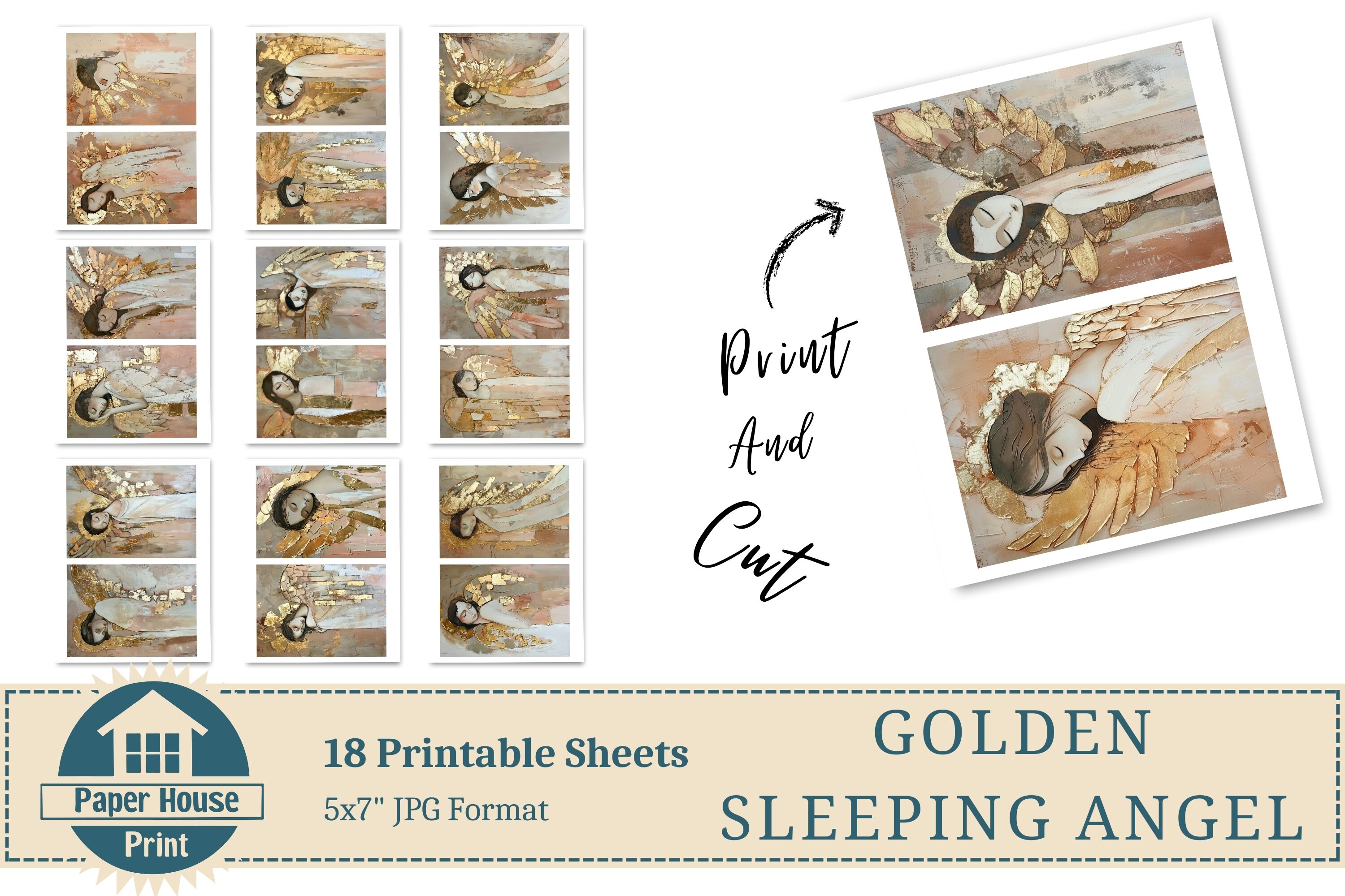Whimsical Angels Printable Paper, Golden Sleeping Angels Papers, 36 ...