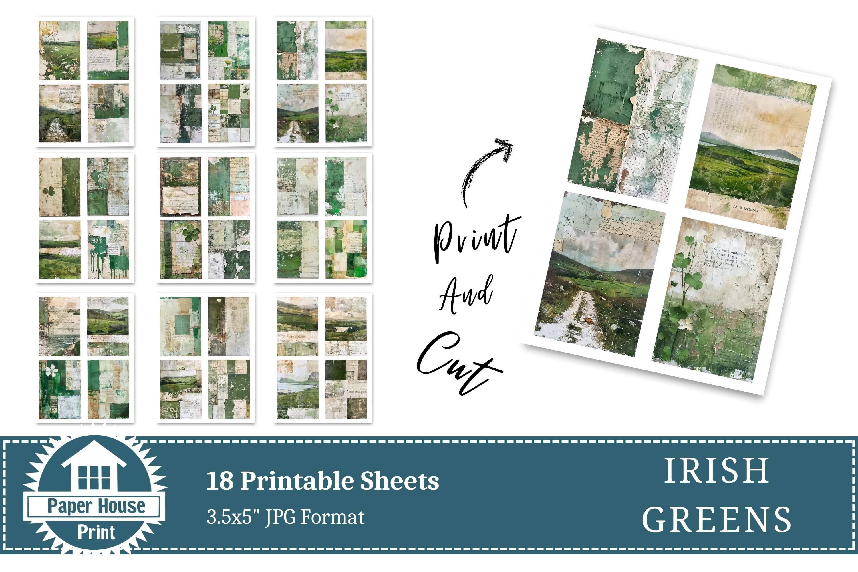 Irish Greens Junk Journal Pages, Natures Palette Mixed Media Paper ...