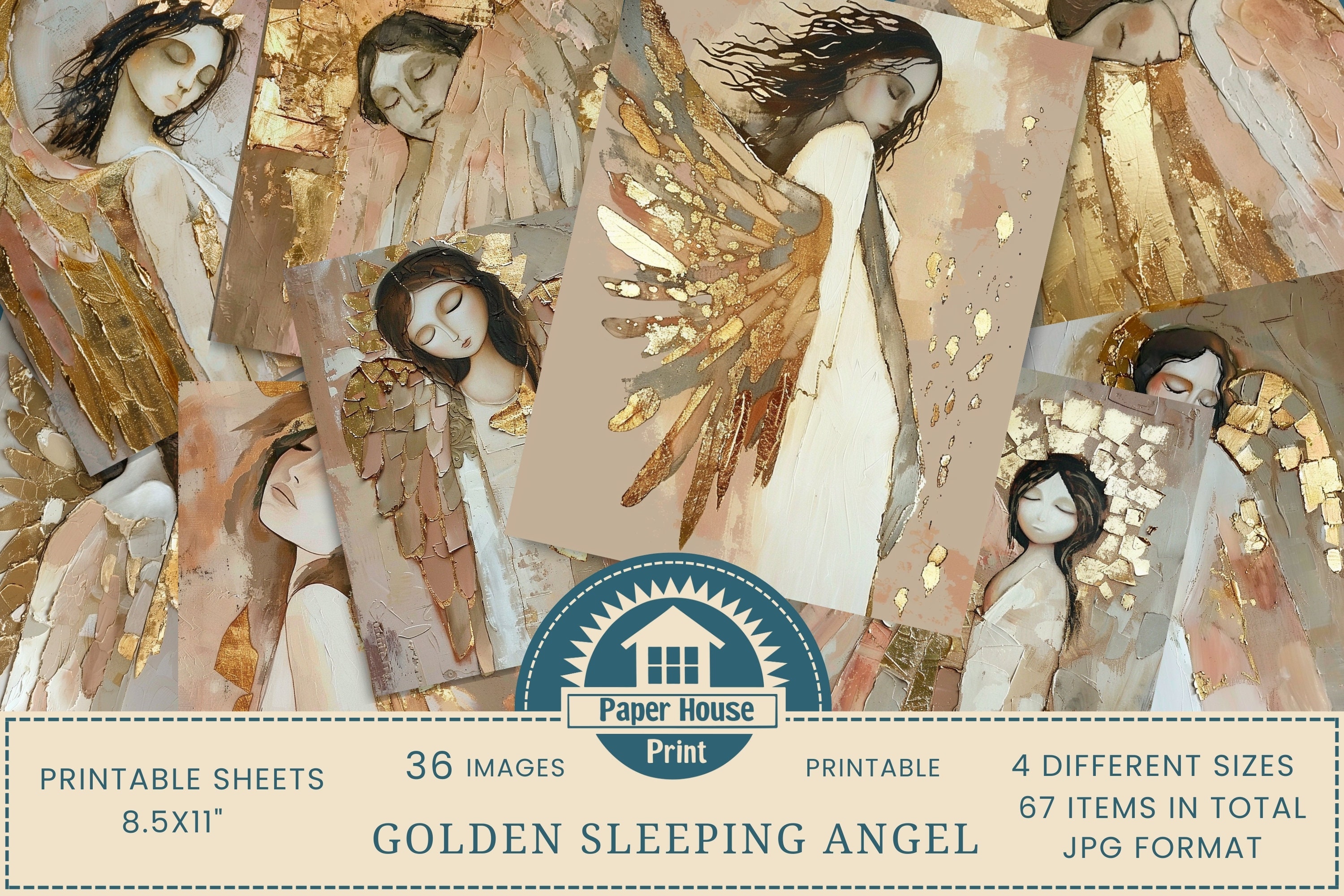 Whimsical Angels Printable Paper, Golden Sleeping Angels Papers, 36 ...