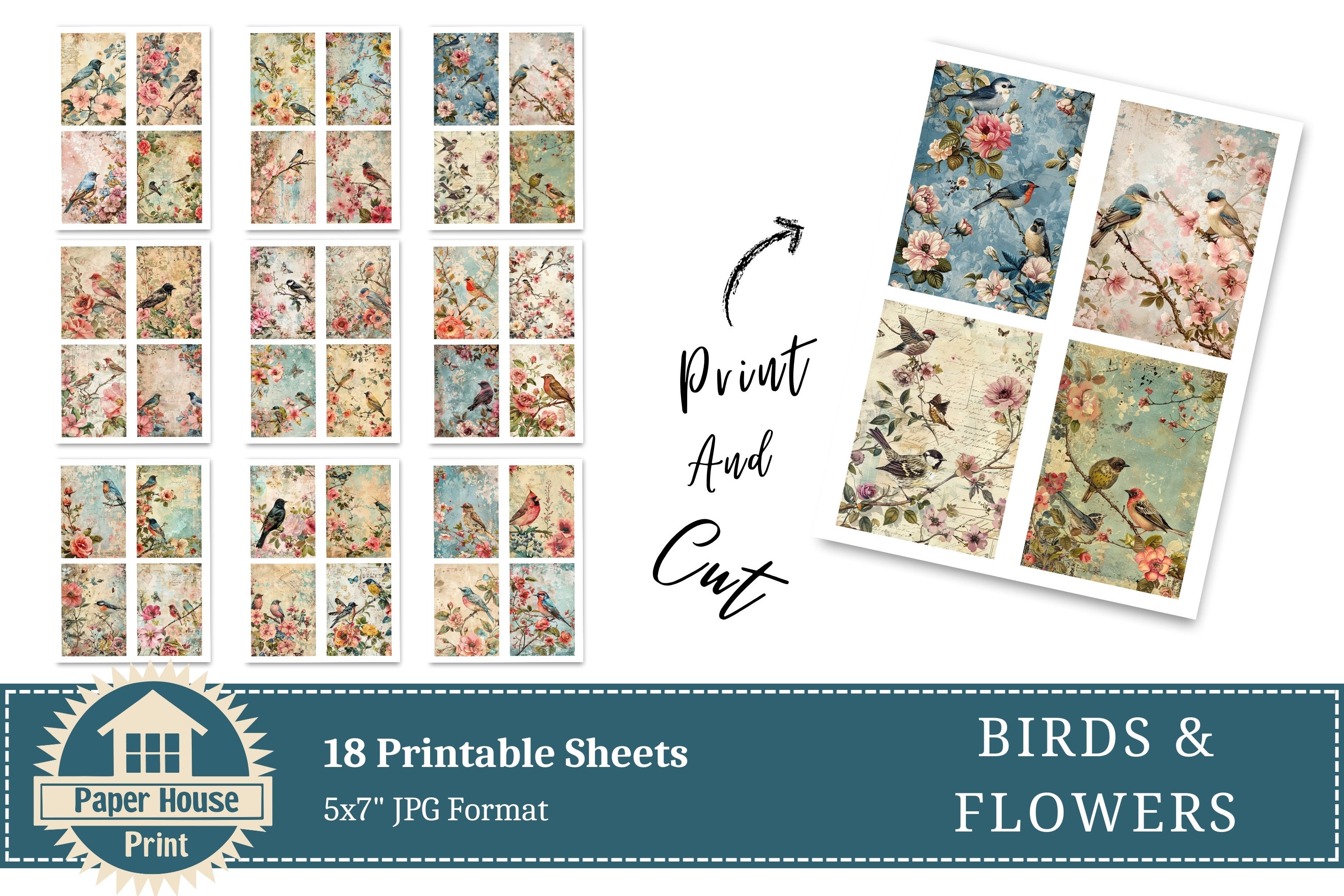 Mixed Media Shabby Chic Vintage Birds & Floral Digital Paper, Shabby ...