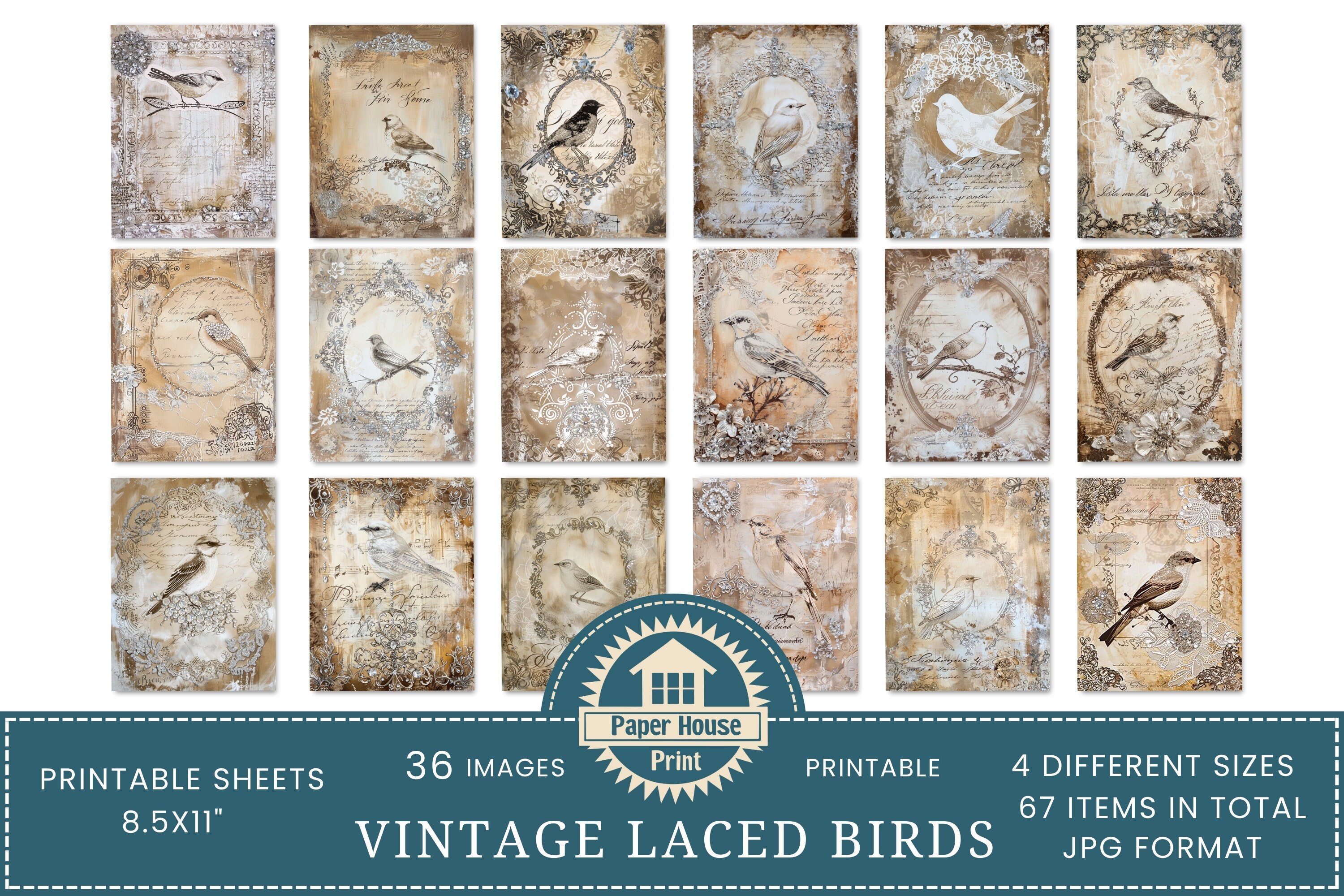 Vintage Laced Birds Junk Journal Pages, Digital Paper Pack, Journal ...