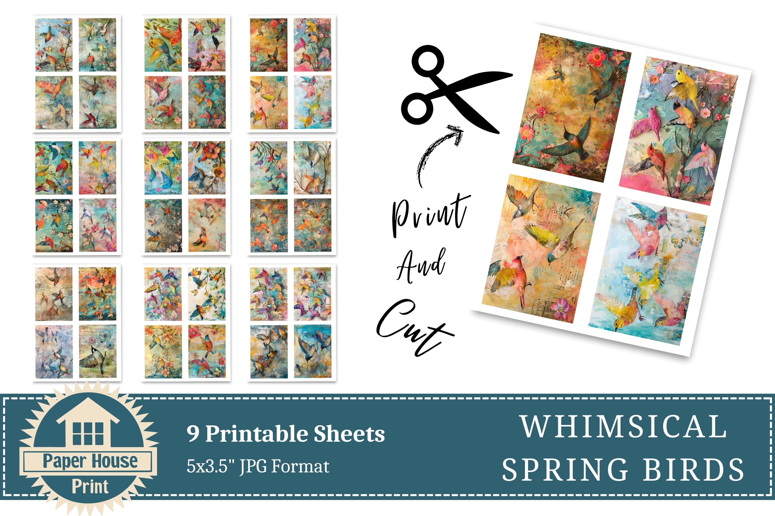 Mixed Media Spring Birds Printable Sheets, Colorful Whimsical Digital ...