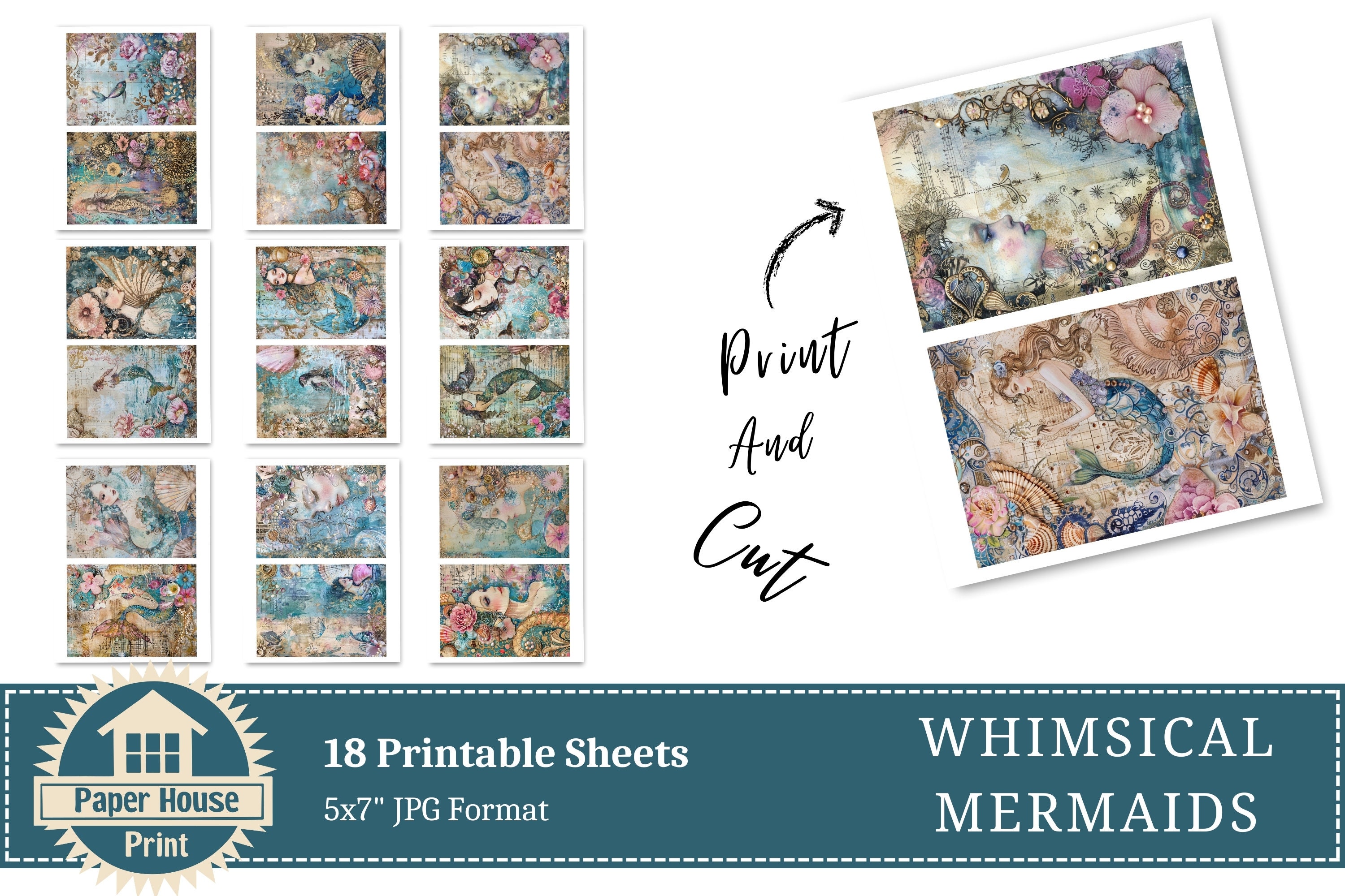 Mermaid Junk Journal Kit Ocean Digital Paper for Scrapbooking Whimsical ...