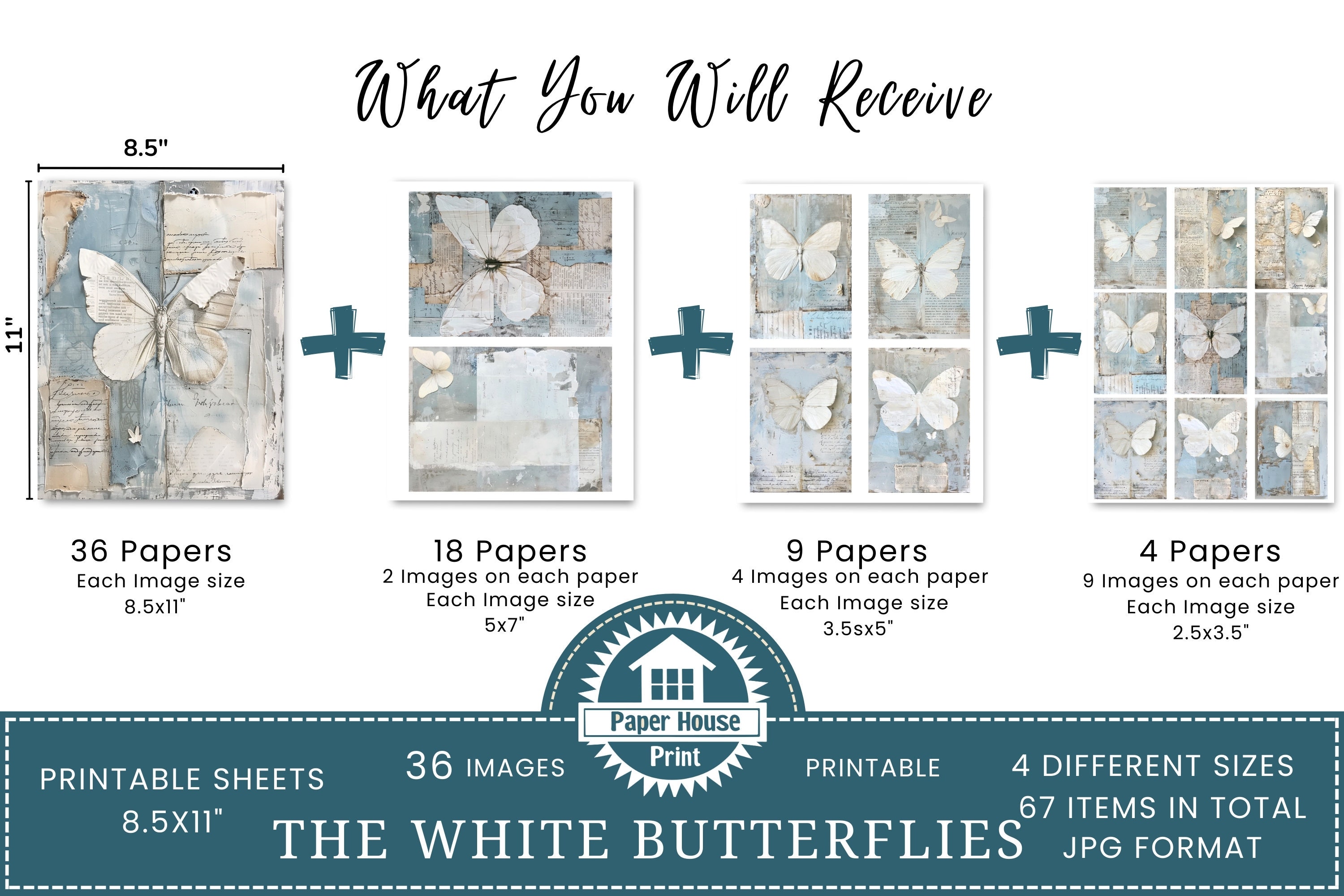 White Butterflies Junk Journal Paper Pack, White and Baby Blue ...