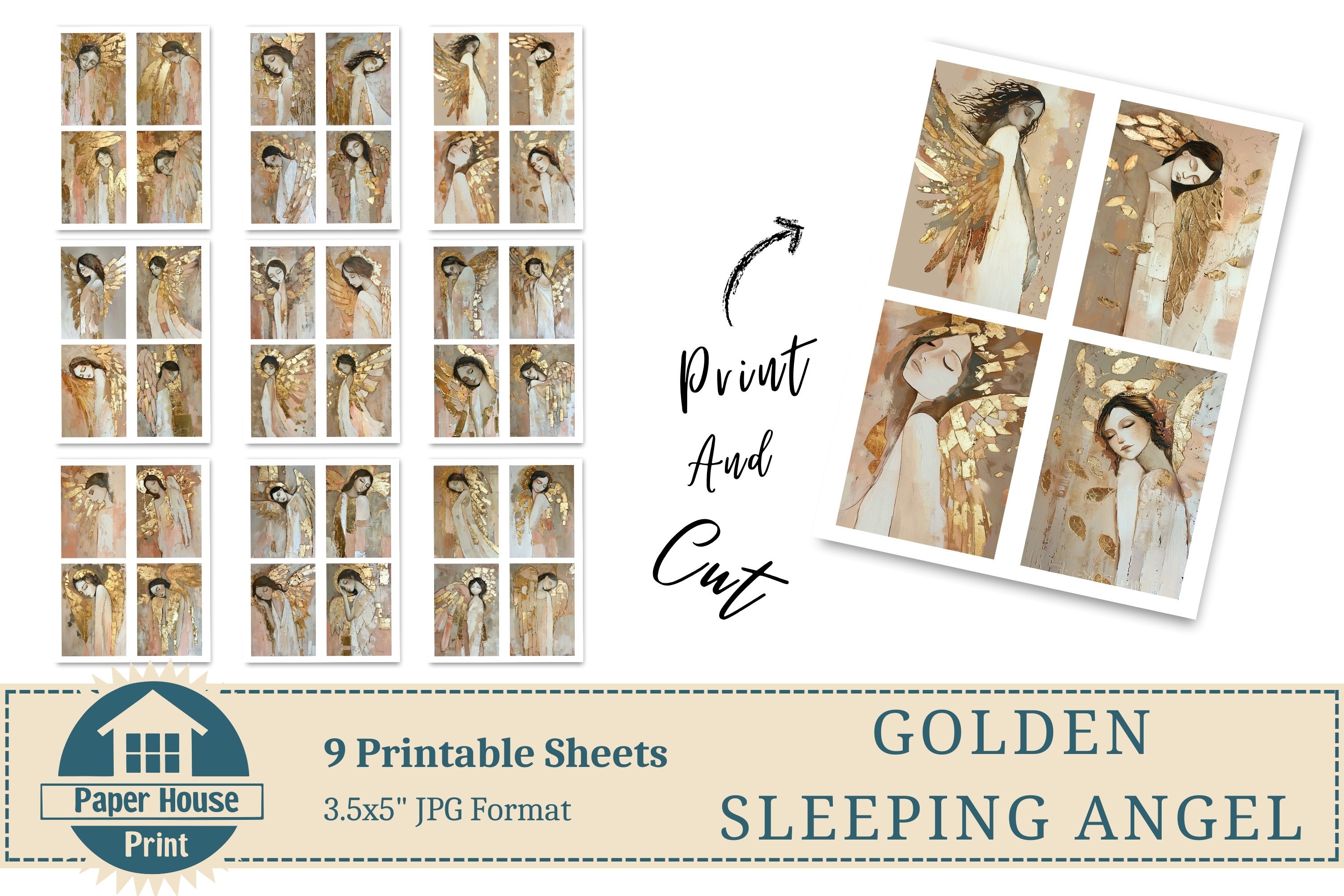 Whimsical Angels Printable Paper, Golden Sleeping Angels Papers, 36 ...