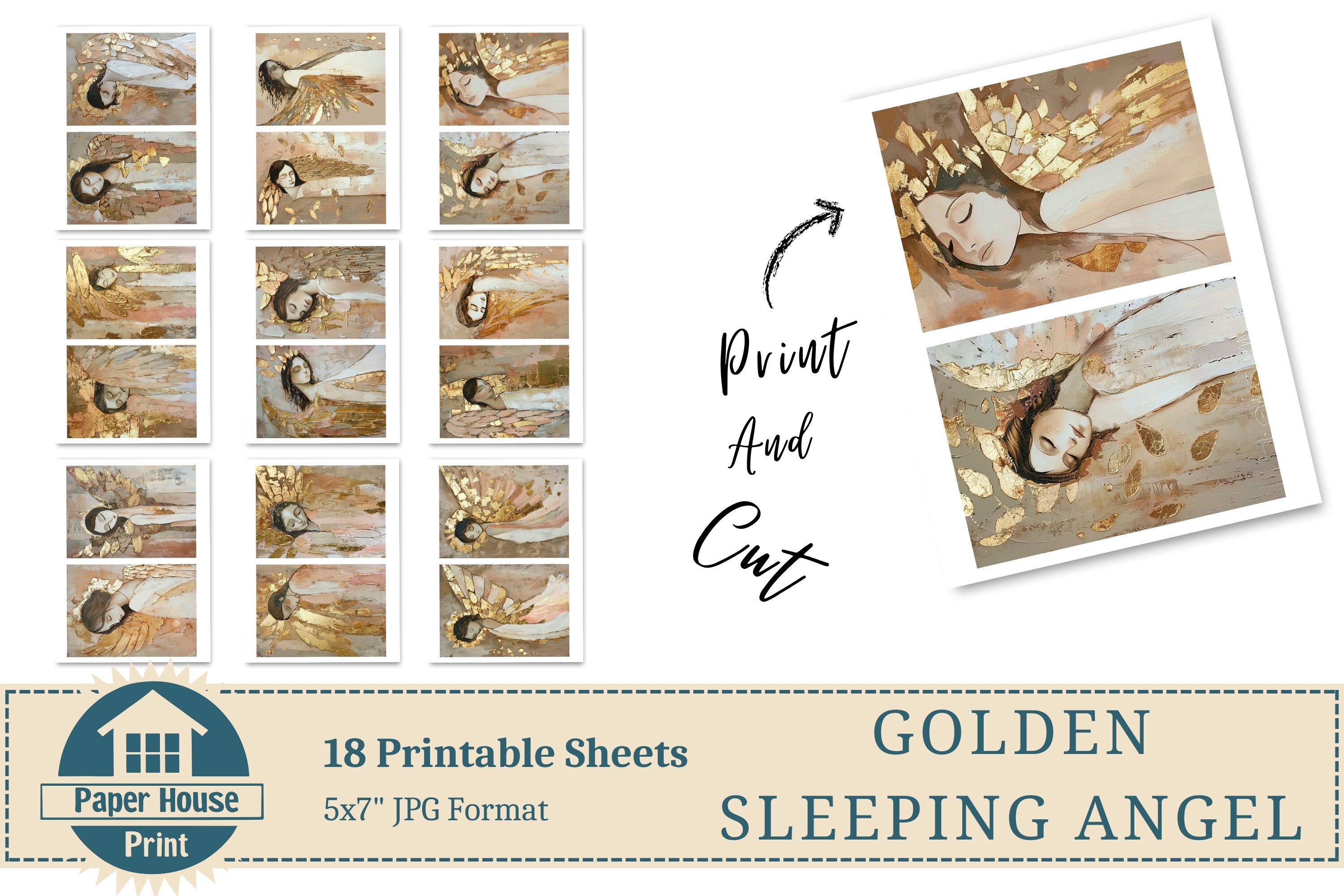 Whimsical Angels Printable Paper, Golden Sleeping Angels Papers, 36 ...
