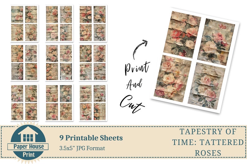 Tapestery of Time Tattered Floral Paper Print, Scrapbook Paper, Digital ...
