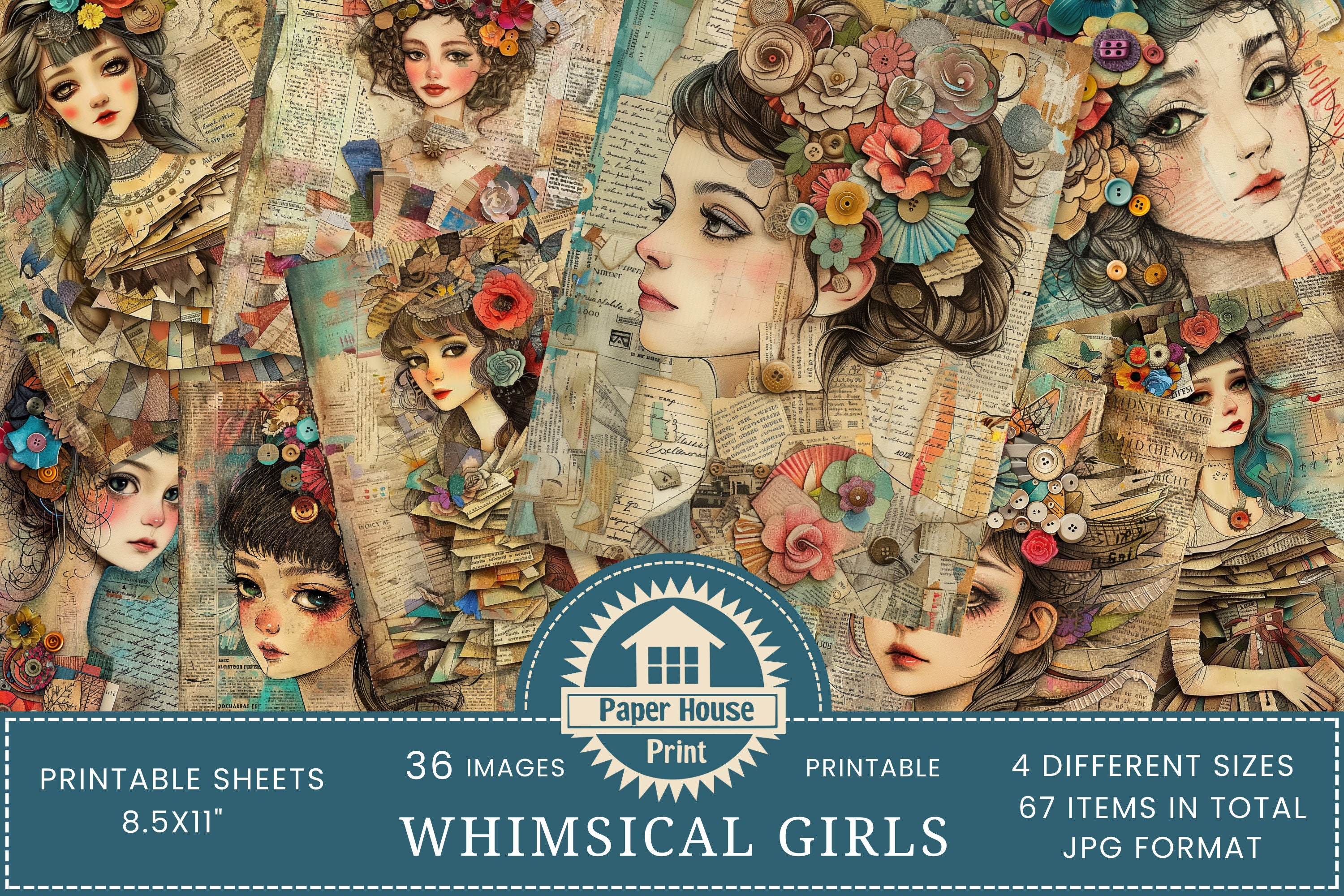 Whimsical Girls, Mixed Media Pages, Whimsical Ephemera, Whimsical Junk ...