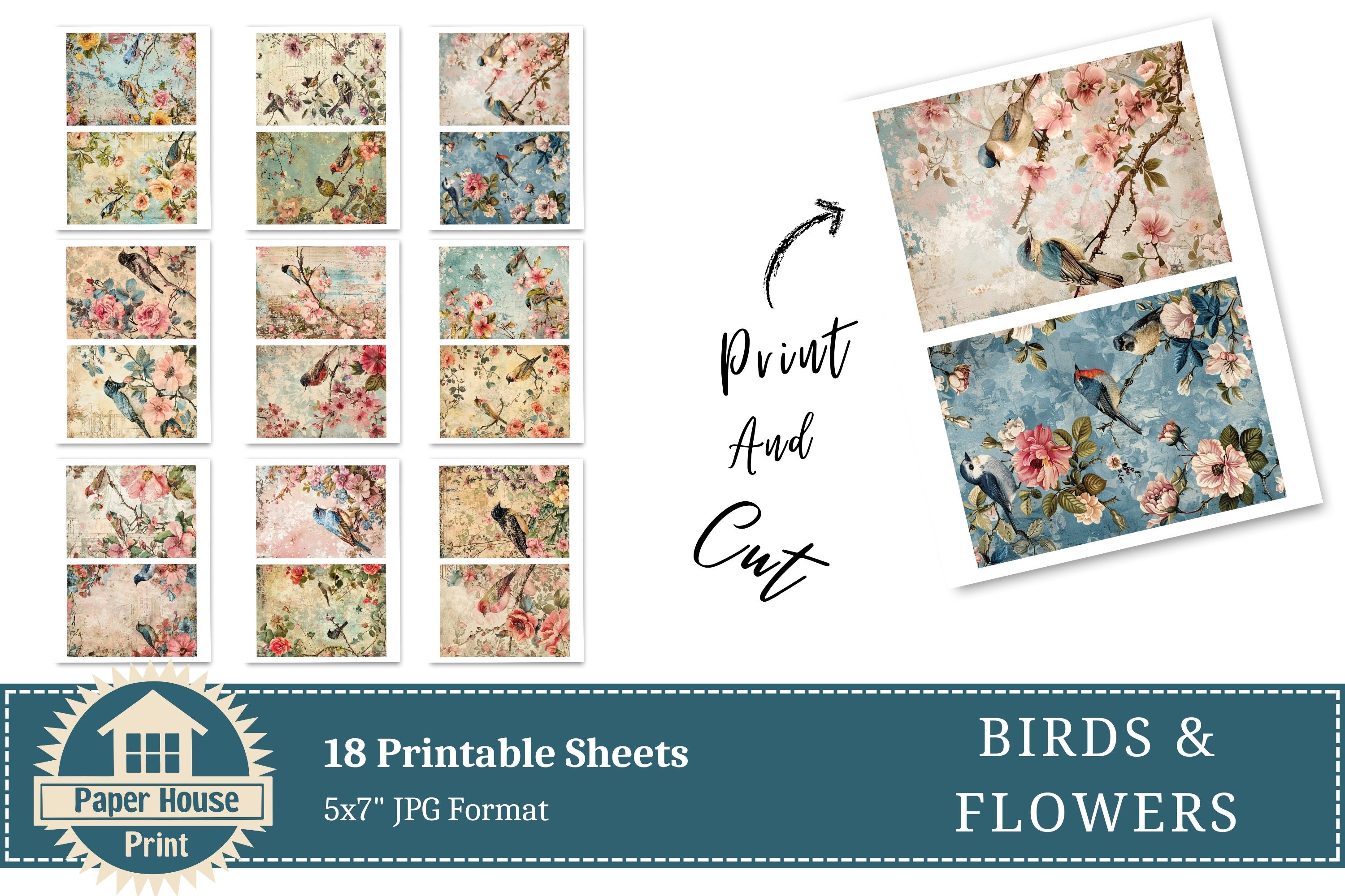 Mixed Media Shabby Chic Vintage Birds & Floral Digital Paper, Shabby ...