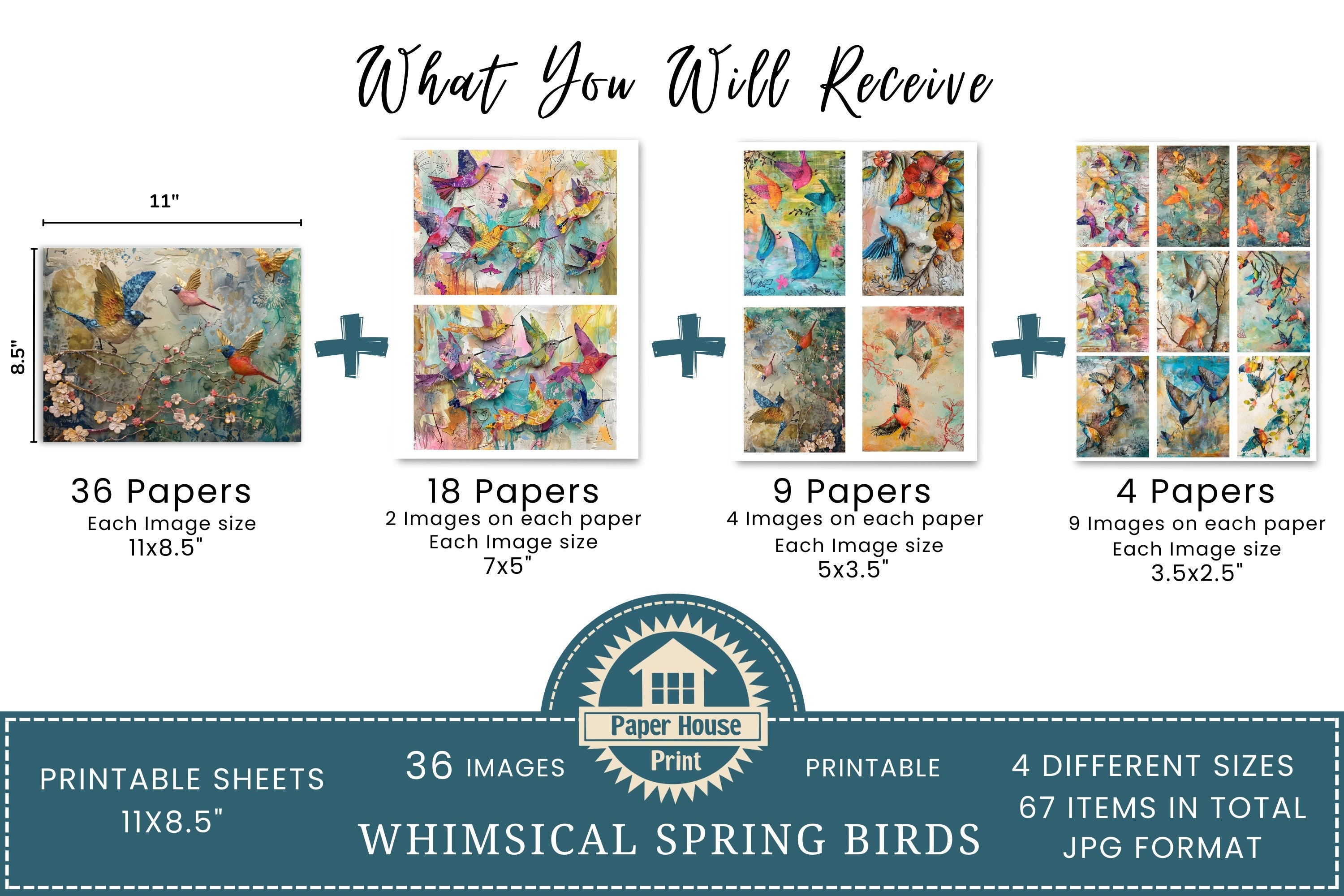 Mixed Media Spring Birds Printable Sheets, Colorful Whimsical Digital ...