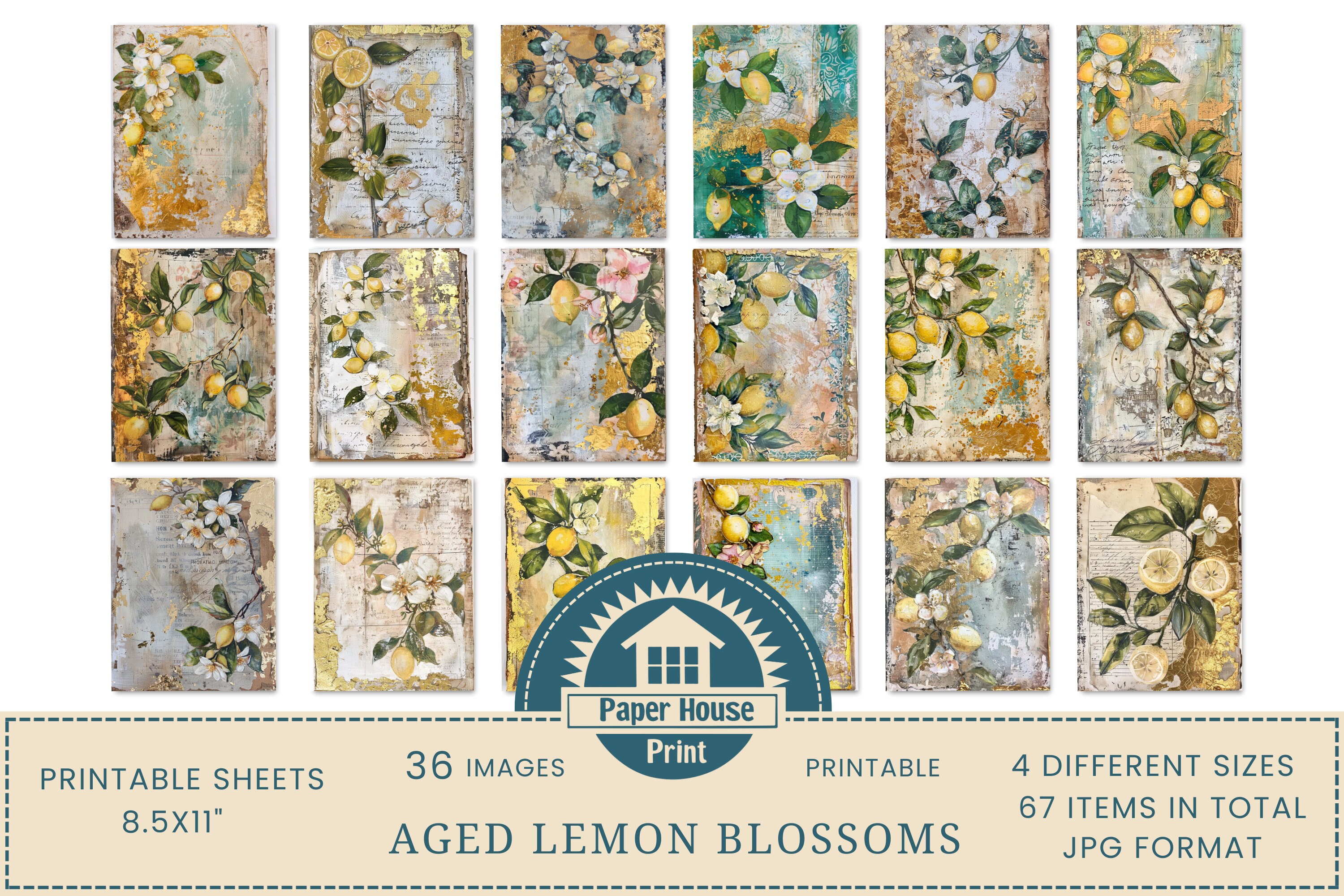 Aged Lemon Blossoms Printable Paper, Fresh Lemons Vintage Junk Journal ...
