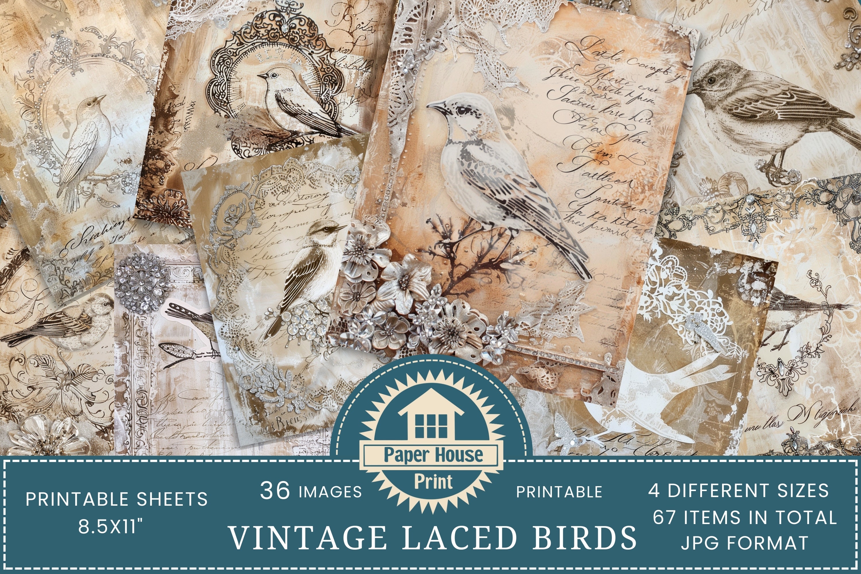 Vintage Laced Birds Junk Journal Pages, Digital Paper Pack, Journal ...