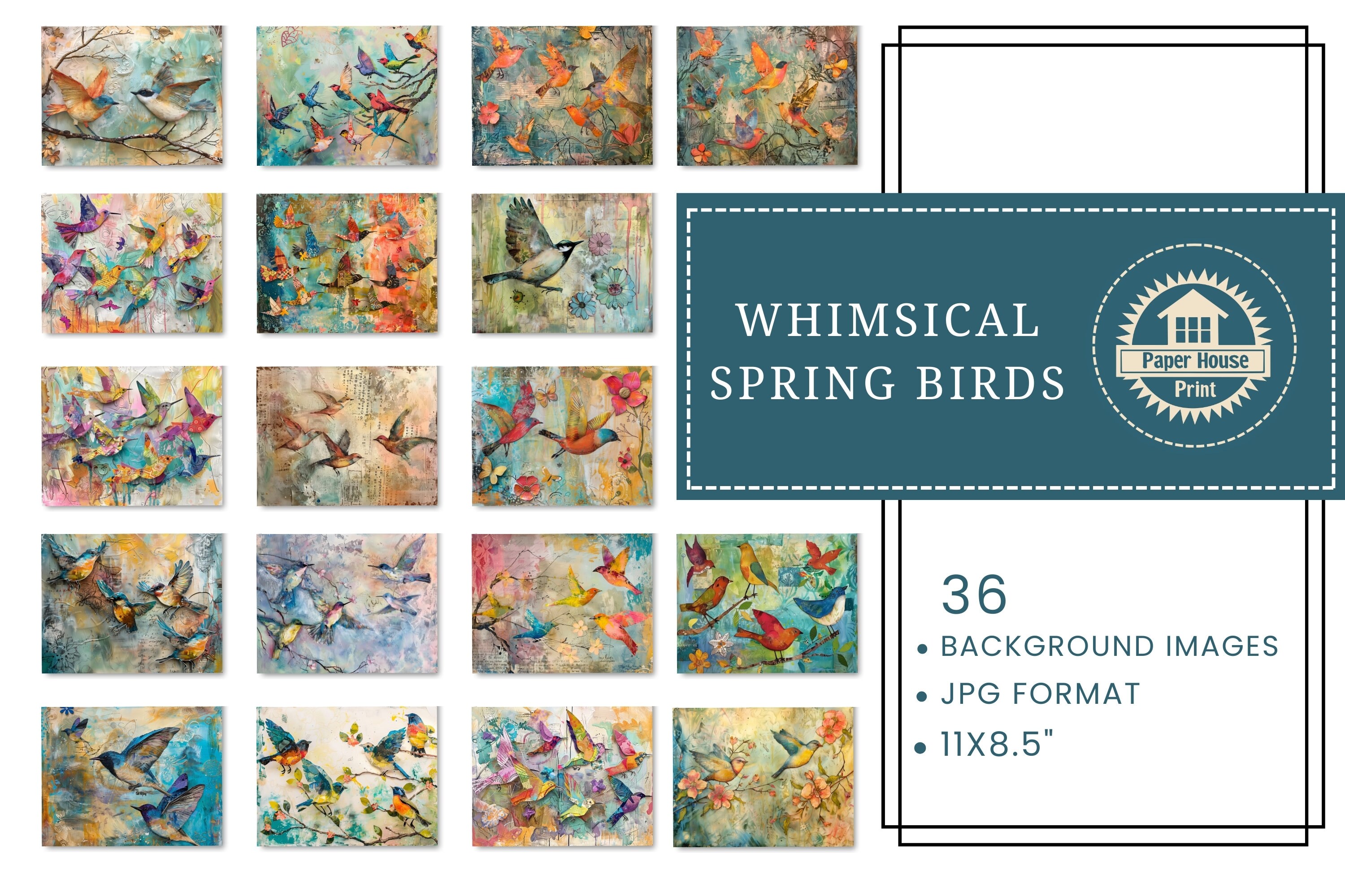 Mixed Media Spring Birds Printable Sheets, Colorful Whimsical Digital ...