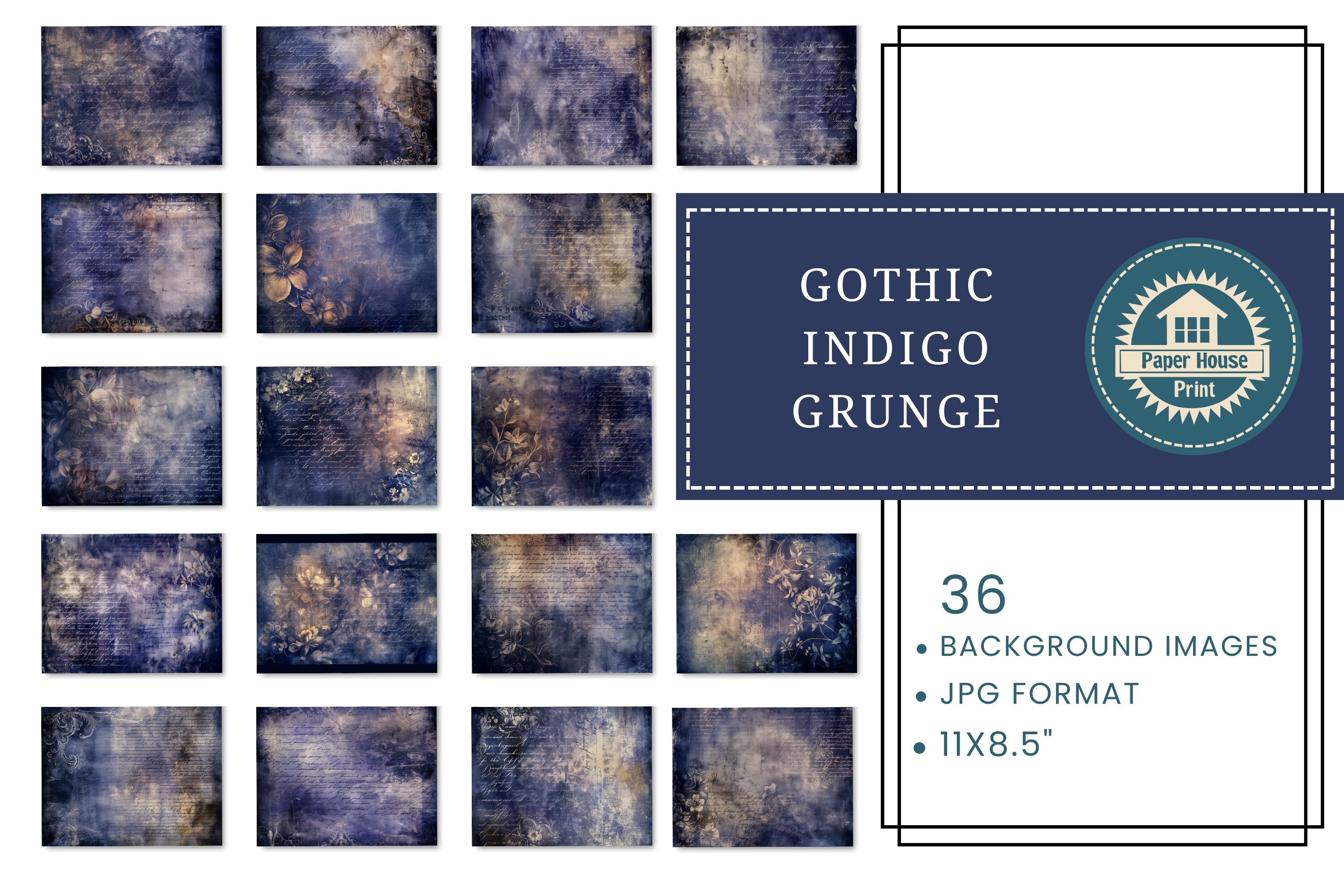 Indigo Scripts & Gothic Junk Journal Papers, Digital Paper, Digital ...