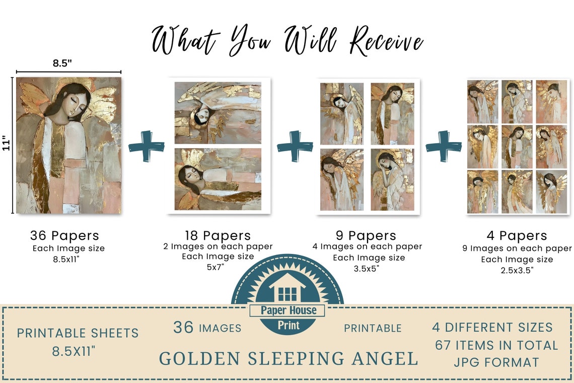 Whimsical Angels Printable Paper, Golden Sleeping Angels Papers, 36 ...