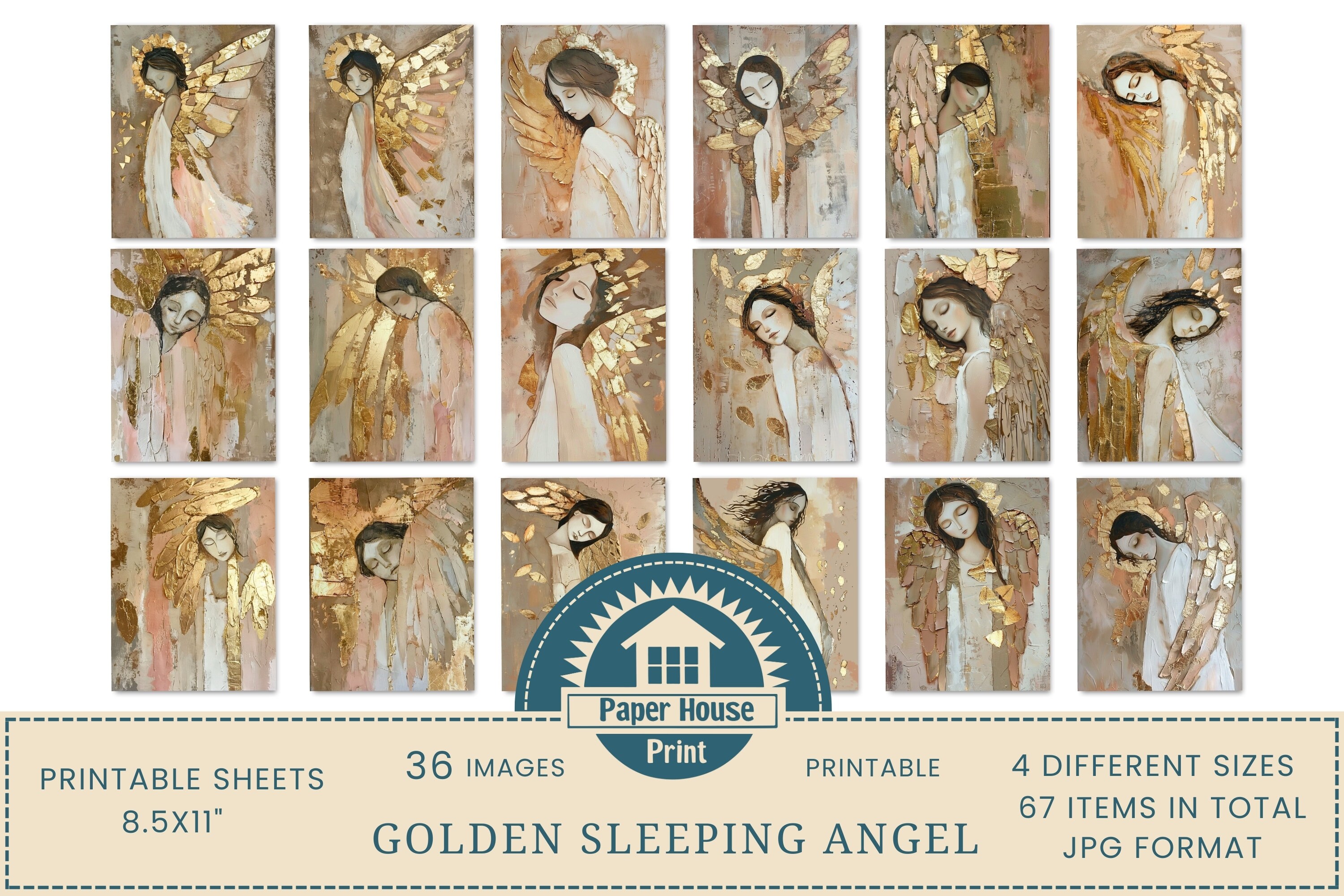 Whimsical Angels Printable Paper, Golden Sleeping Angels Papers, 36 ...