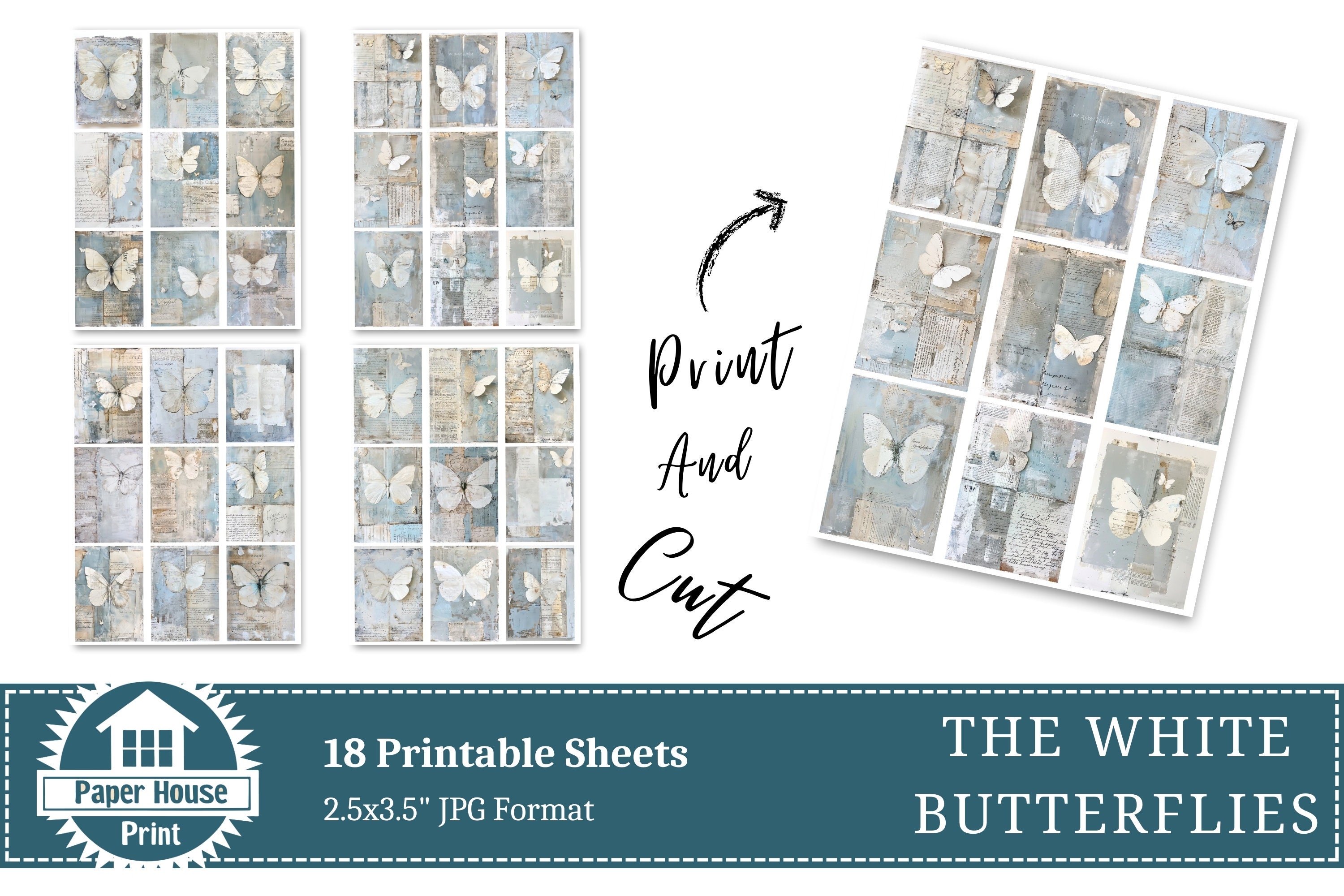 White Butterflies Junk Journal Paper Pack, White and Baby Blue ...