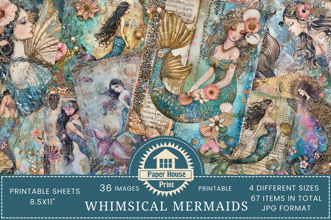 Mermaid Junk Journal Kit Ocean Digital Paper for Scrapbooking Whimsical ...
