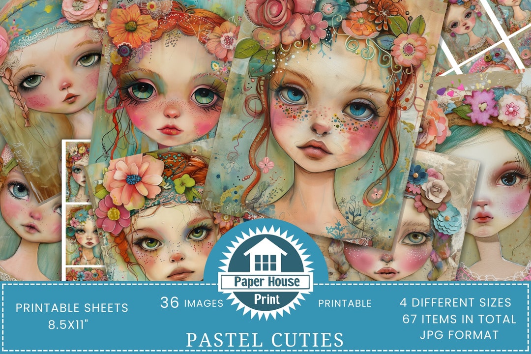 Pastel Cuties: Mixed Media Girls, Digital Scrapbook Paper, Digital ...