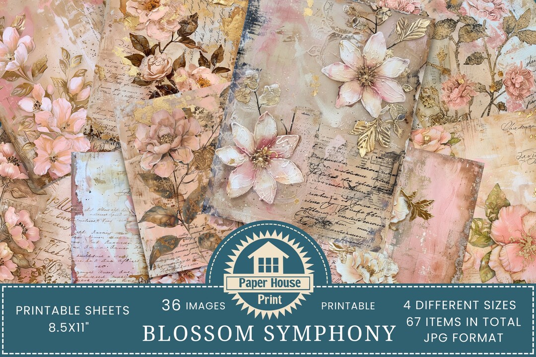 Blossom Symphony Floral Junk Journal Papers, Paper Crafting, Digital ...