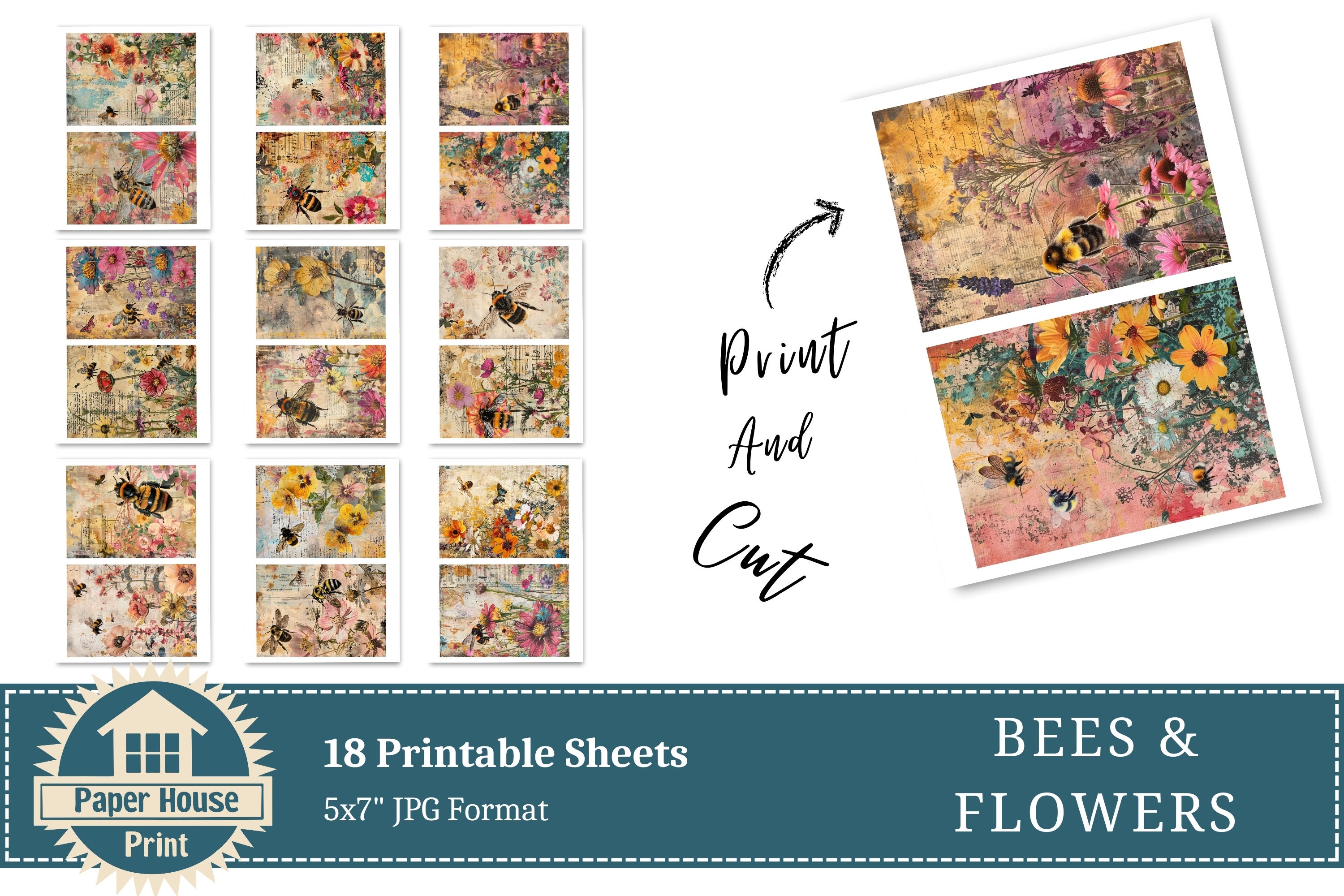 Rustic Bees & Flowers Junk Journal Kit, Vintage Ephemera Journal ...